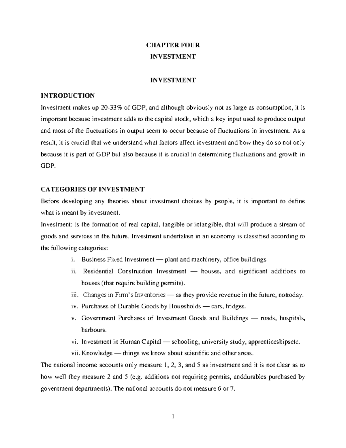 Macr Chapter 4 - Macroeconomics - CHAPTER FOUR INVESTMENT INVESTMENT ...