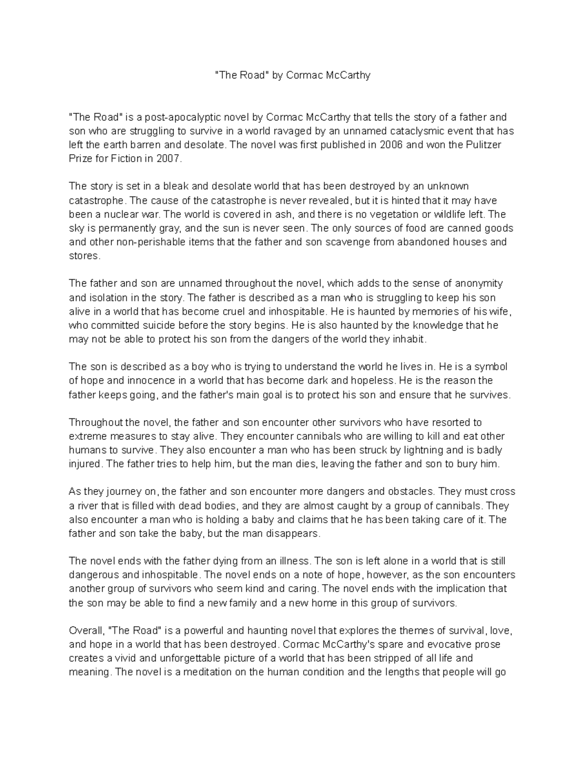 The Road by Cormac Mc Carthy - "The Road" by Cormac McCarthy "The Road ...