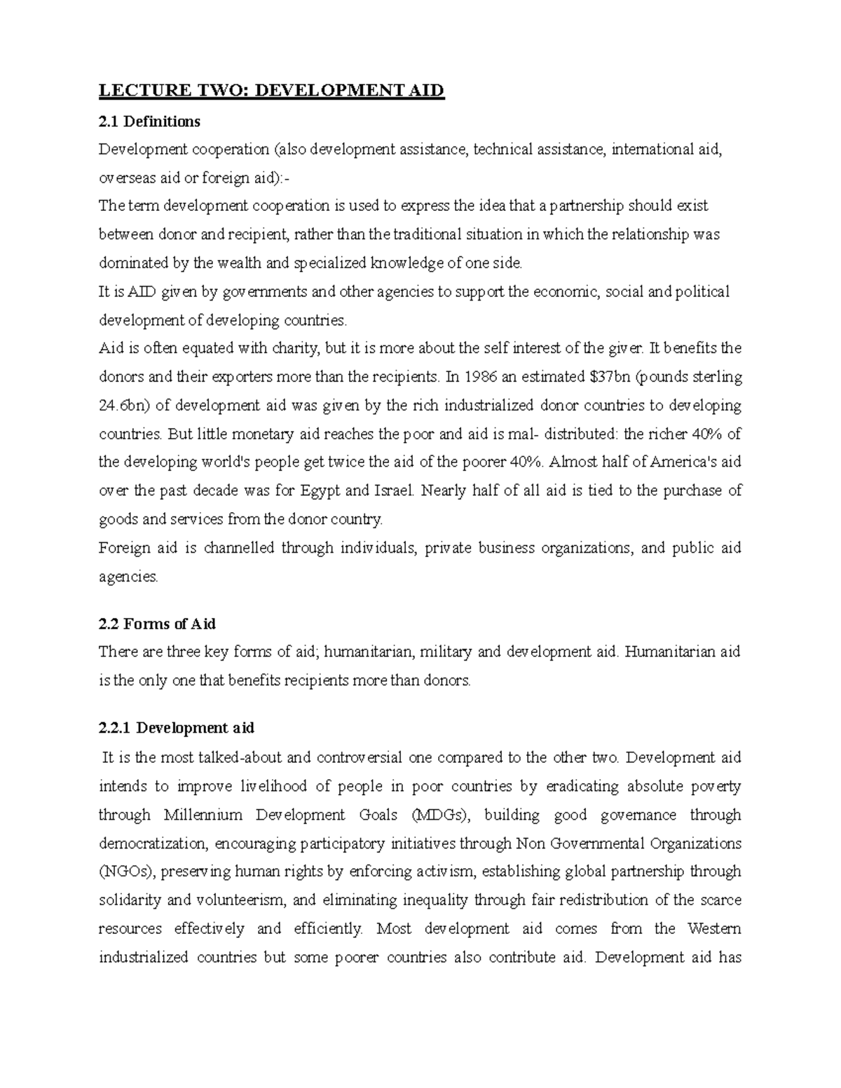 Dev Finance Topic 2 - LECTURE TWO: DEVELOPMENT AID 2 Definitions ...