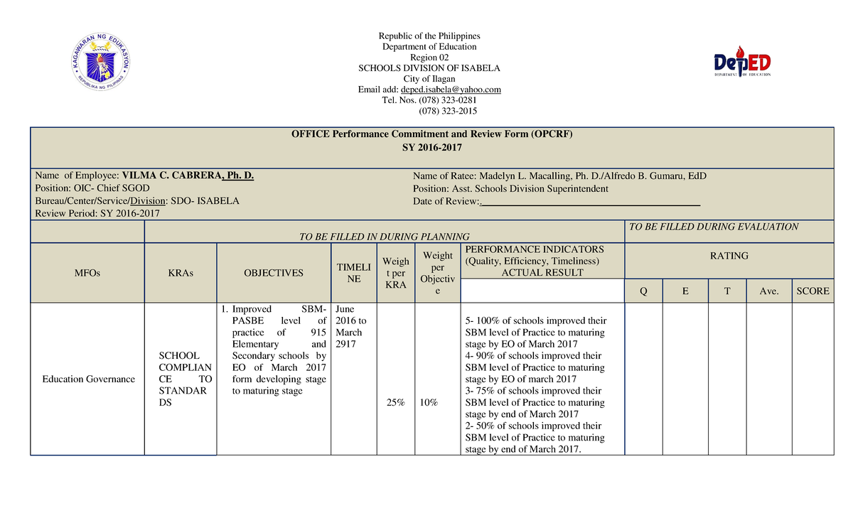 Opcrf Vilma - summary of accomplishments - Republic of the Philippines Department of Education ...