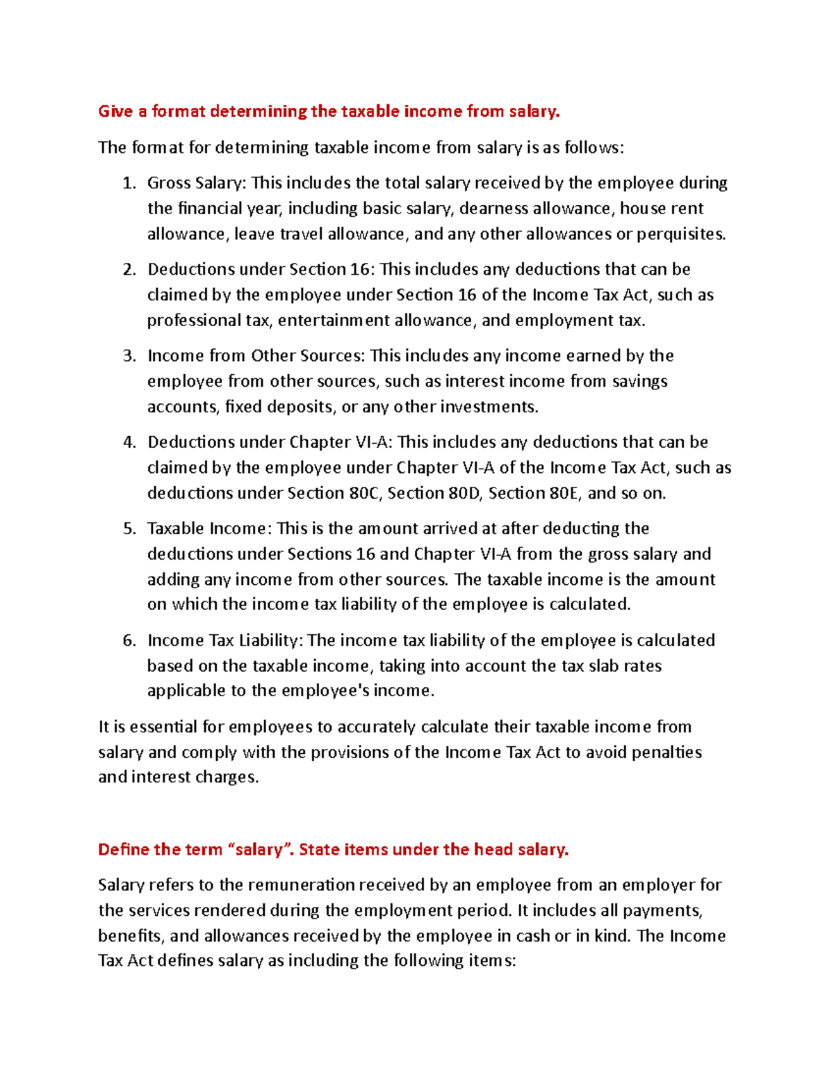 Salary relation with tax - Give a format determining the taxable income ...