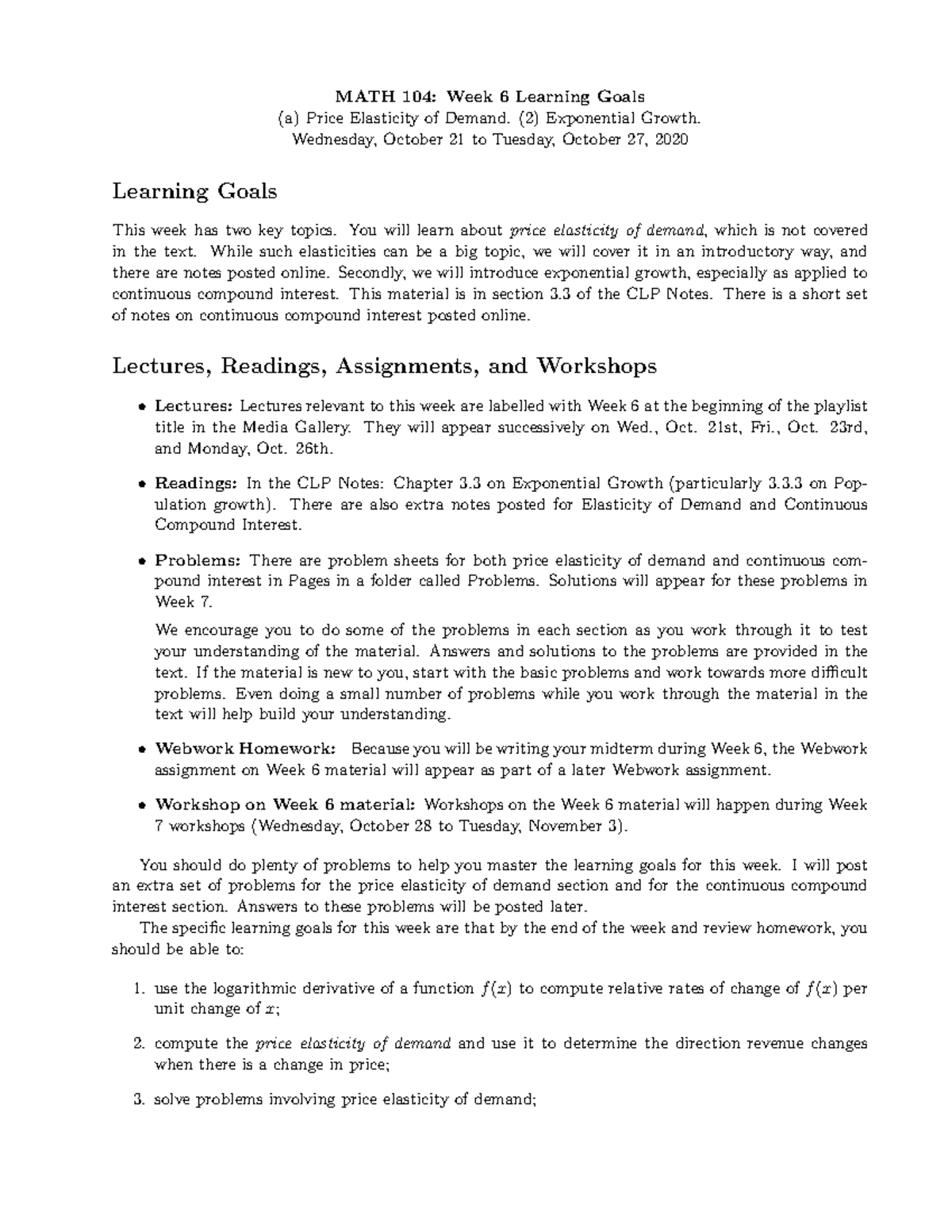 Week6lgs - This is the lecture notes. - MATH 104: Week 6 Learning Goals ...