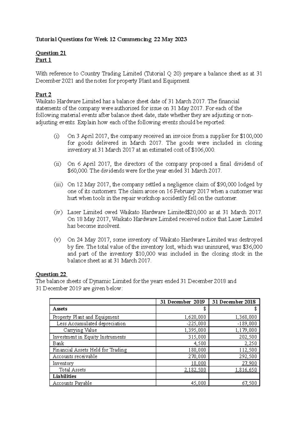 Tutorial Questions, class illustrations - Intermediate Financial ...