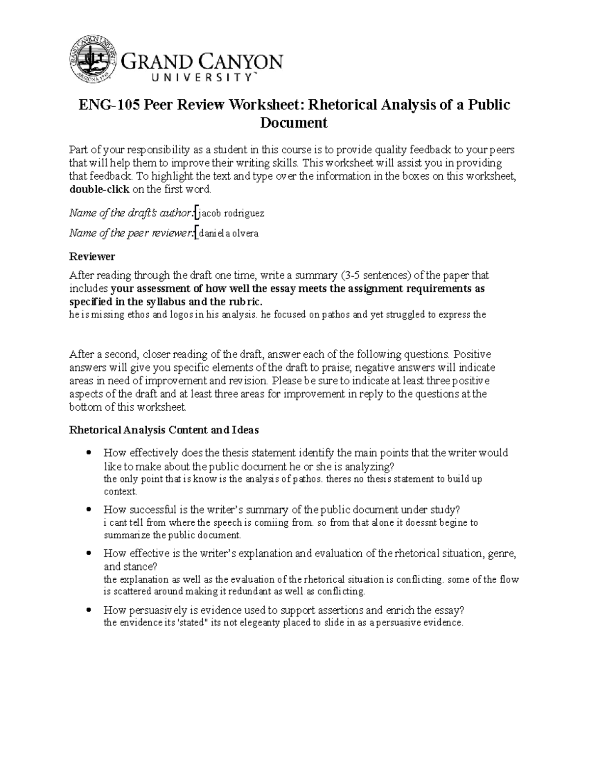 ENG105 Rhetorical Analysis Peer Review Worksheet - ENG-105 Peer Review ...