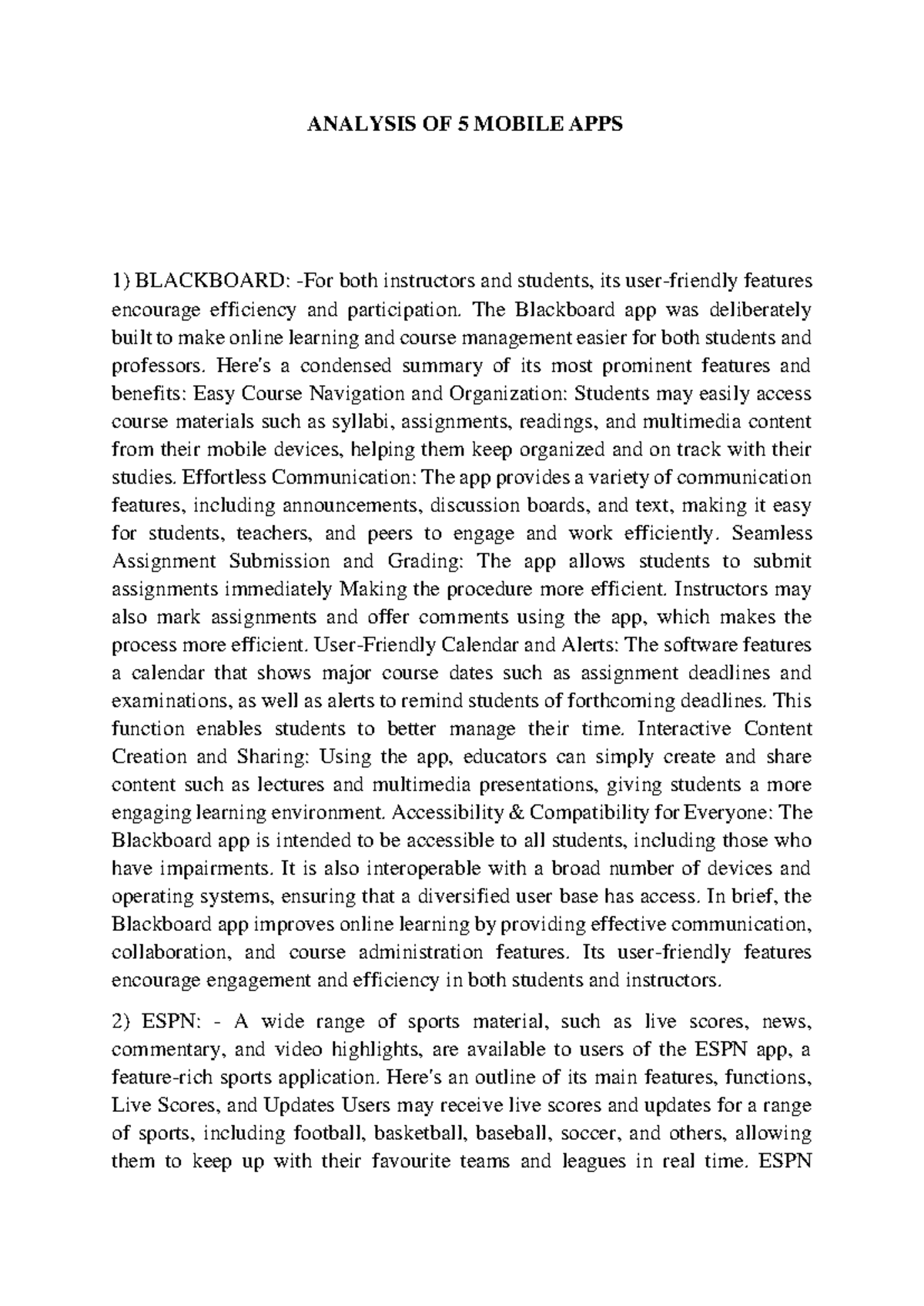 Analysis OF 5 Mobile APPS - ANALYSIS OF 5 MOBILE APPS BLACKBOARD: - For ...