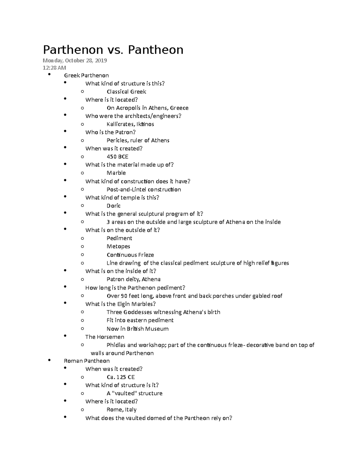 Parthenon vs Pantheon Notes - Parthenon vs. Pantheon Monday, October 28 ...