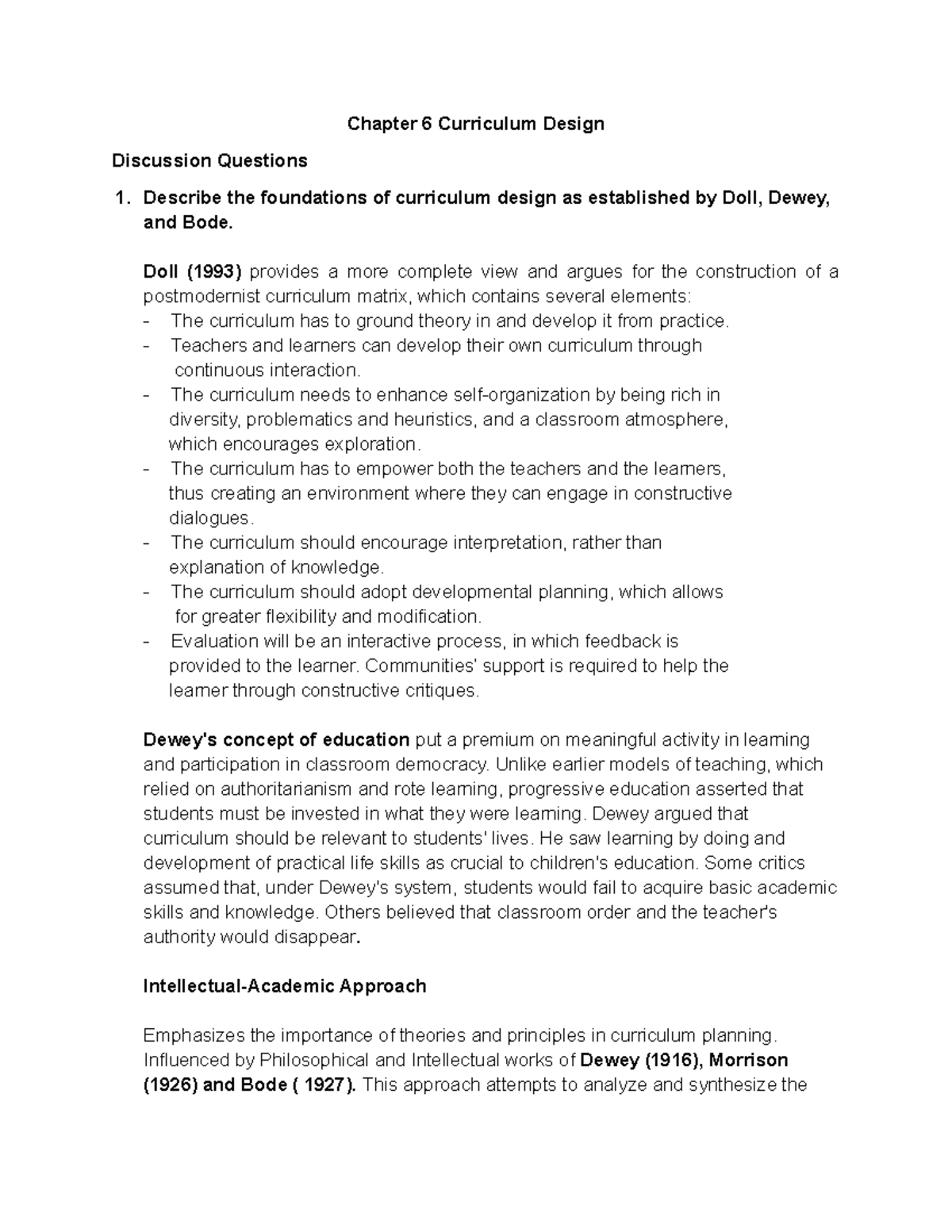 Discussion Questions.... - Chapter 6 Curriculum Design Discussion ...