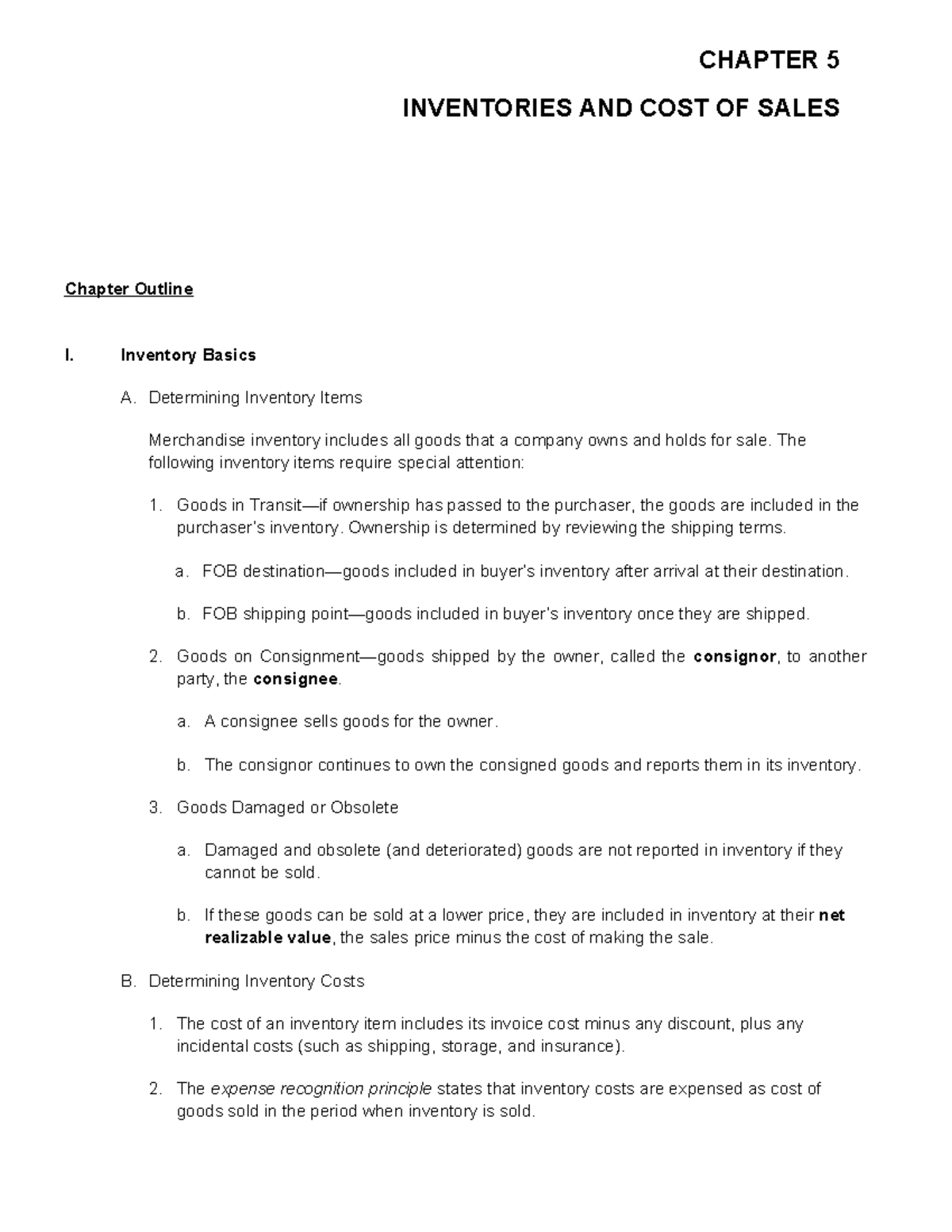 Chapter 5 Notes 2 - INVENTORIES AND COST OF SALES Chapter Outline I ...