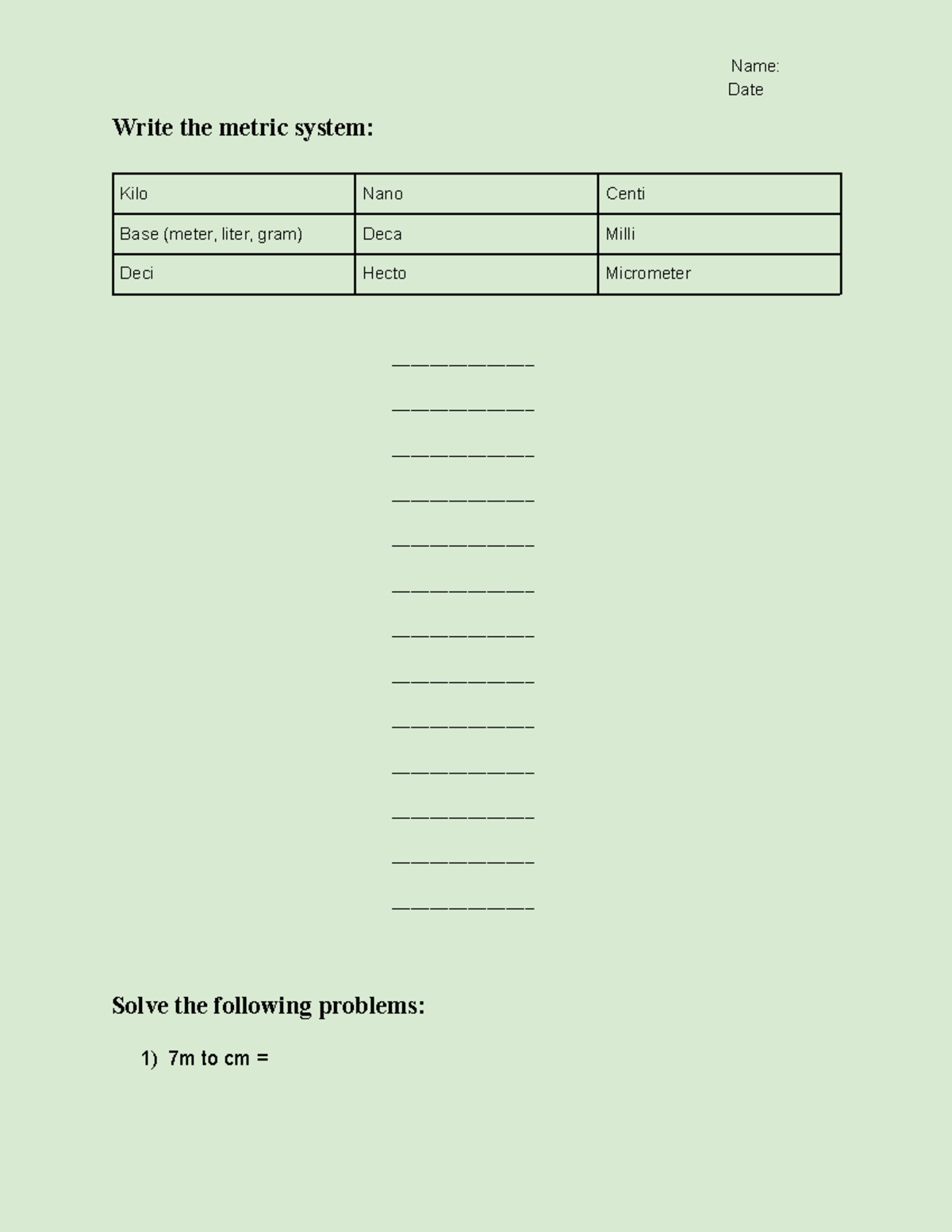 Biology Lab Practical 1107 Study Guide - Name: Date Write the metric ...