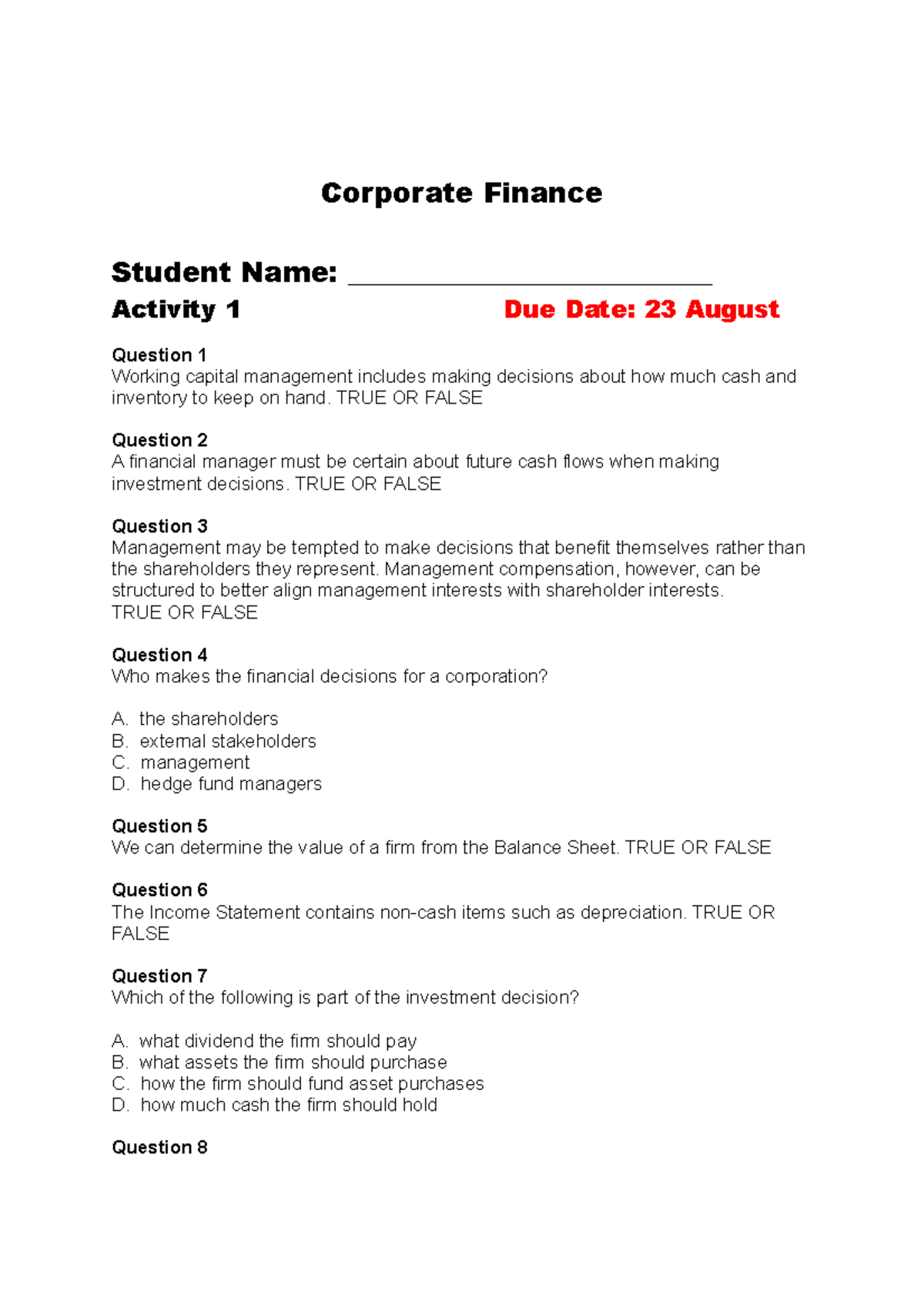 Activity 1 student - Corporate Finance Student Name ...