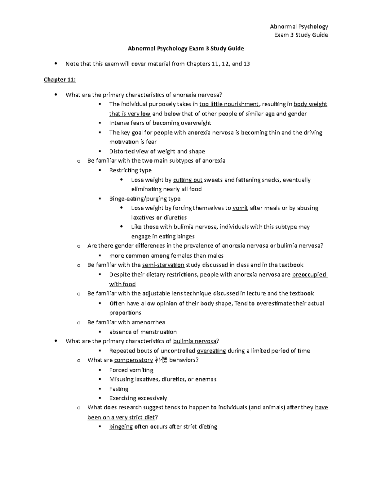 Abnormal Psychology Exam 3 Study Guide Fall 2019 - Exam 3 Study Guide ...