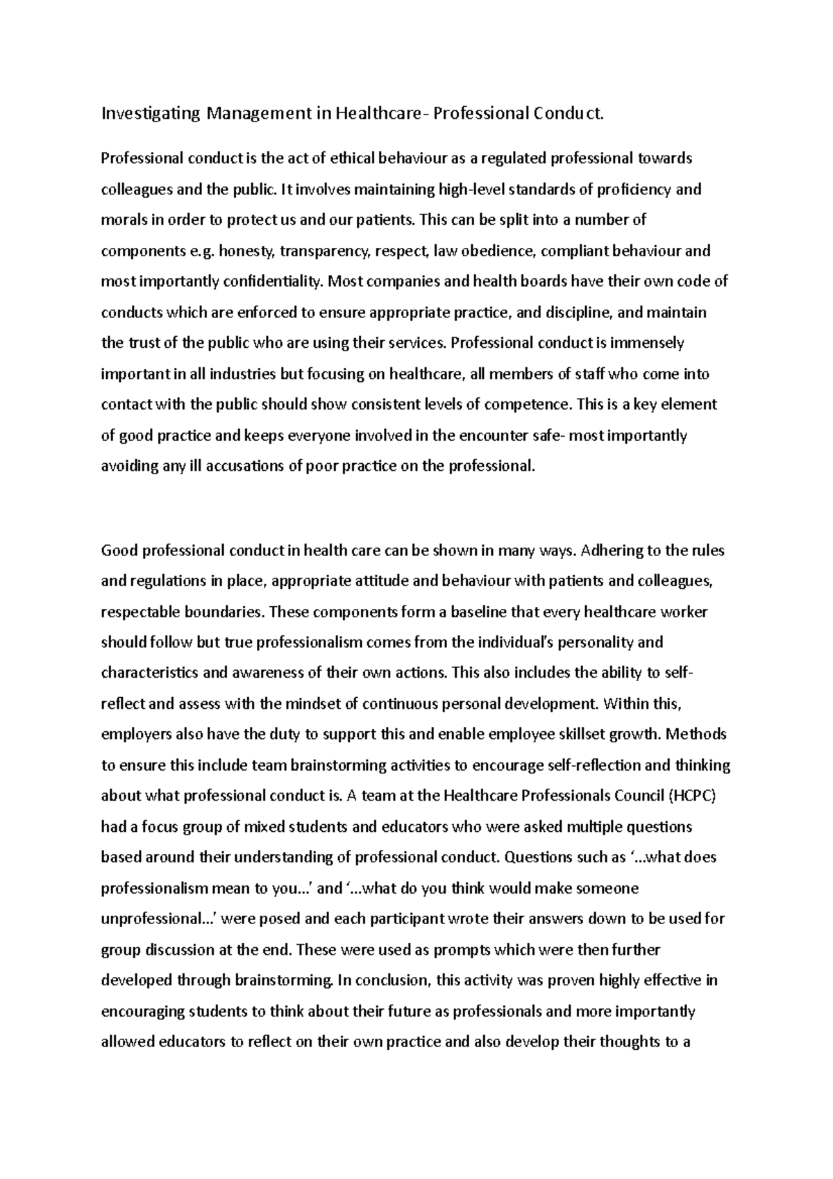 Investigating Management in Healthcare essay final - Investigating ...