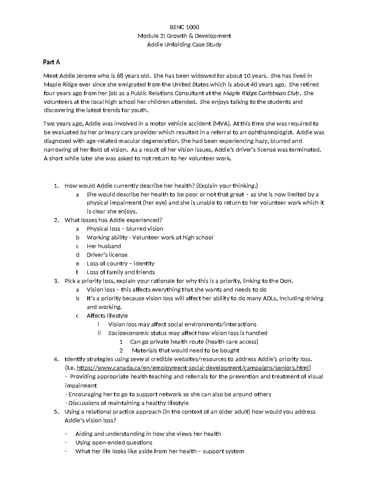 Addie Unfolding Case Study - BSNC 1000 Module 2: Growth & Development ...