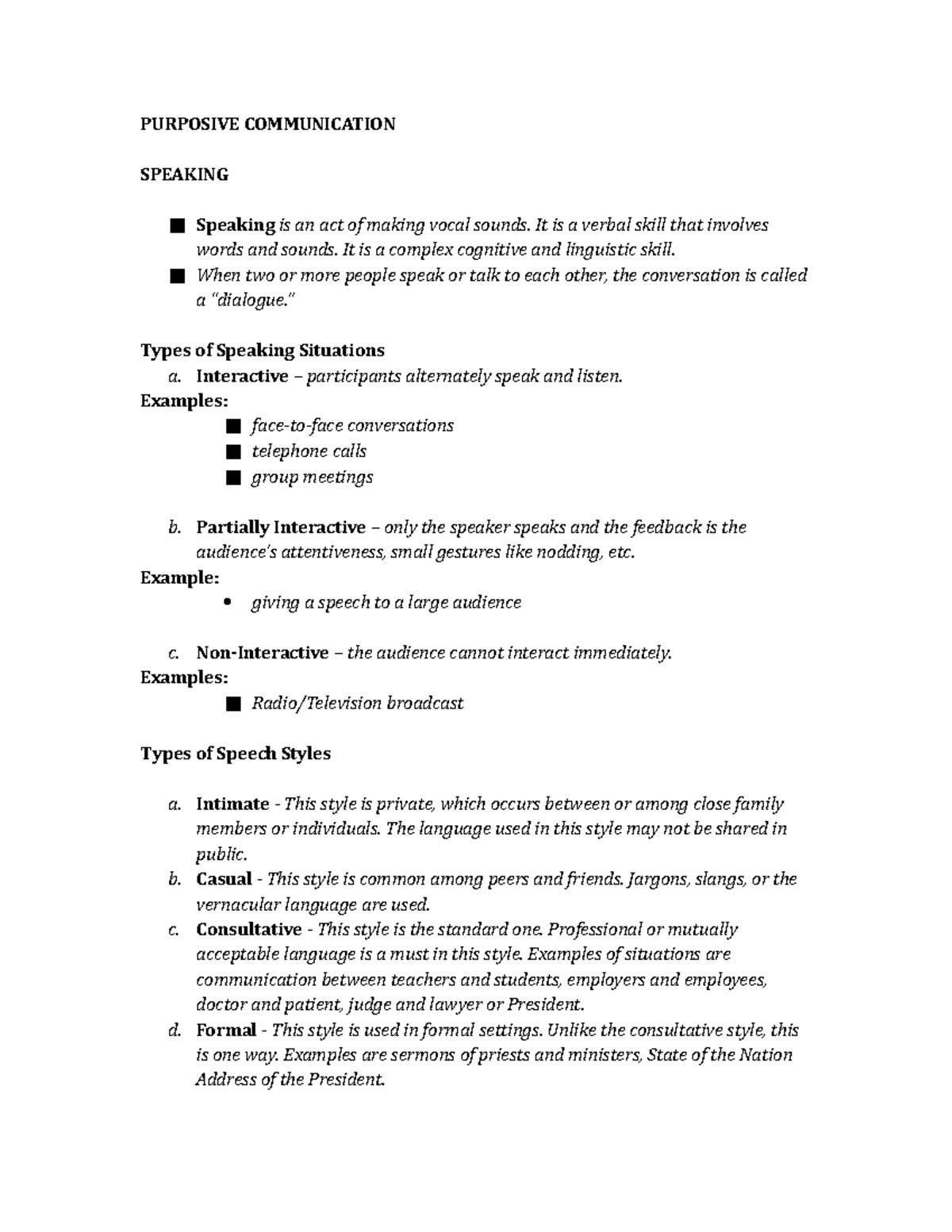 Speaking - Lecture notes 1-10 - PURPOSIVE COMMUNICATION SPEAKING ...