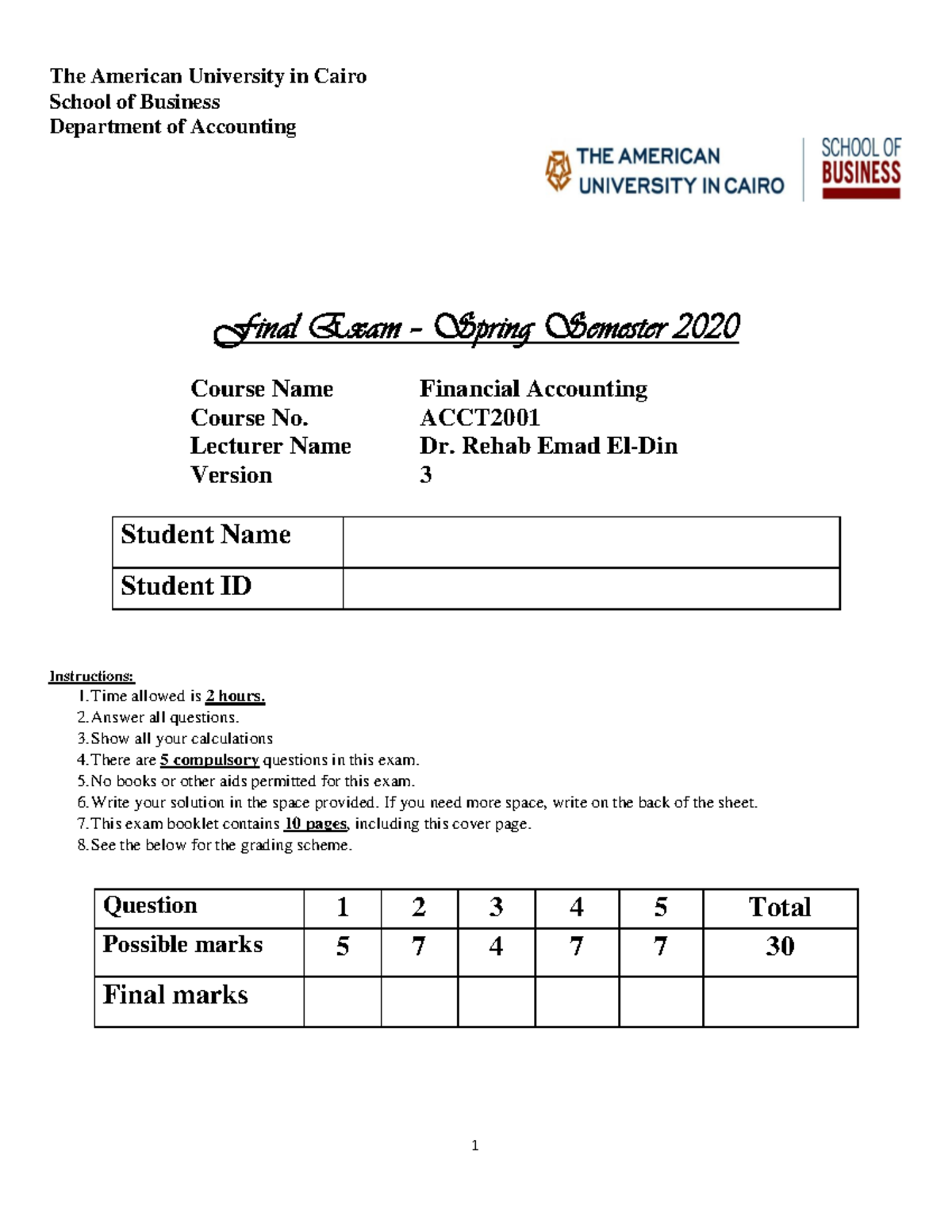Final v3 q 2 - past exam - The American University in Cairo School of Business Department of ...