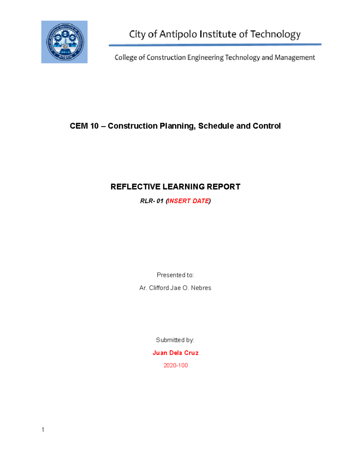 Reflective Learning Report RLR Format Guide - CEM 10 – Construction ...
