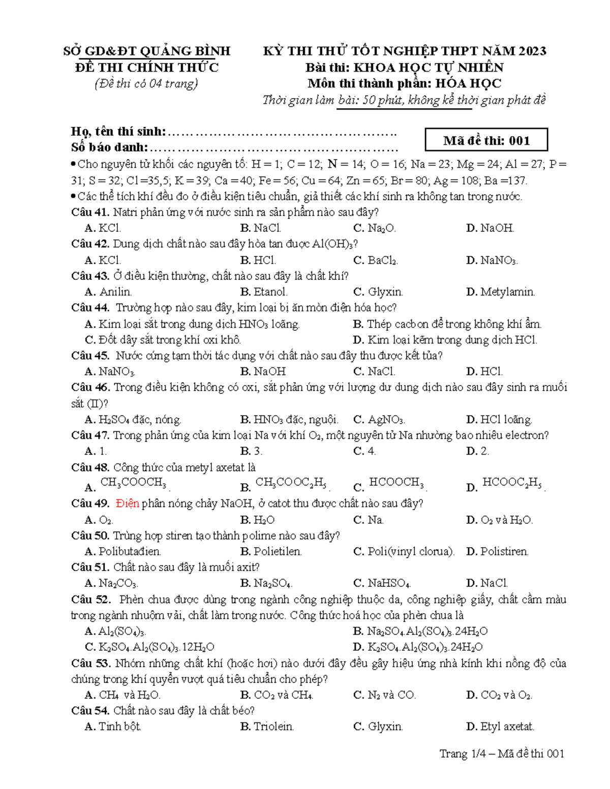 93 - nn. bbbbbbbbbbb - SỞ GD&ĐT QUẢNG BÌNH ĐỀ THI CHÍNH THỨC (Đề thi có ...