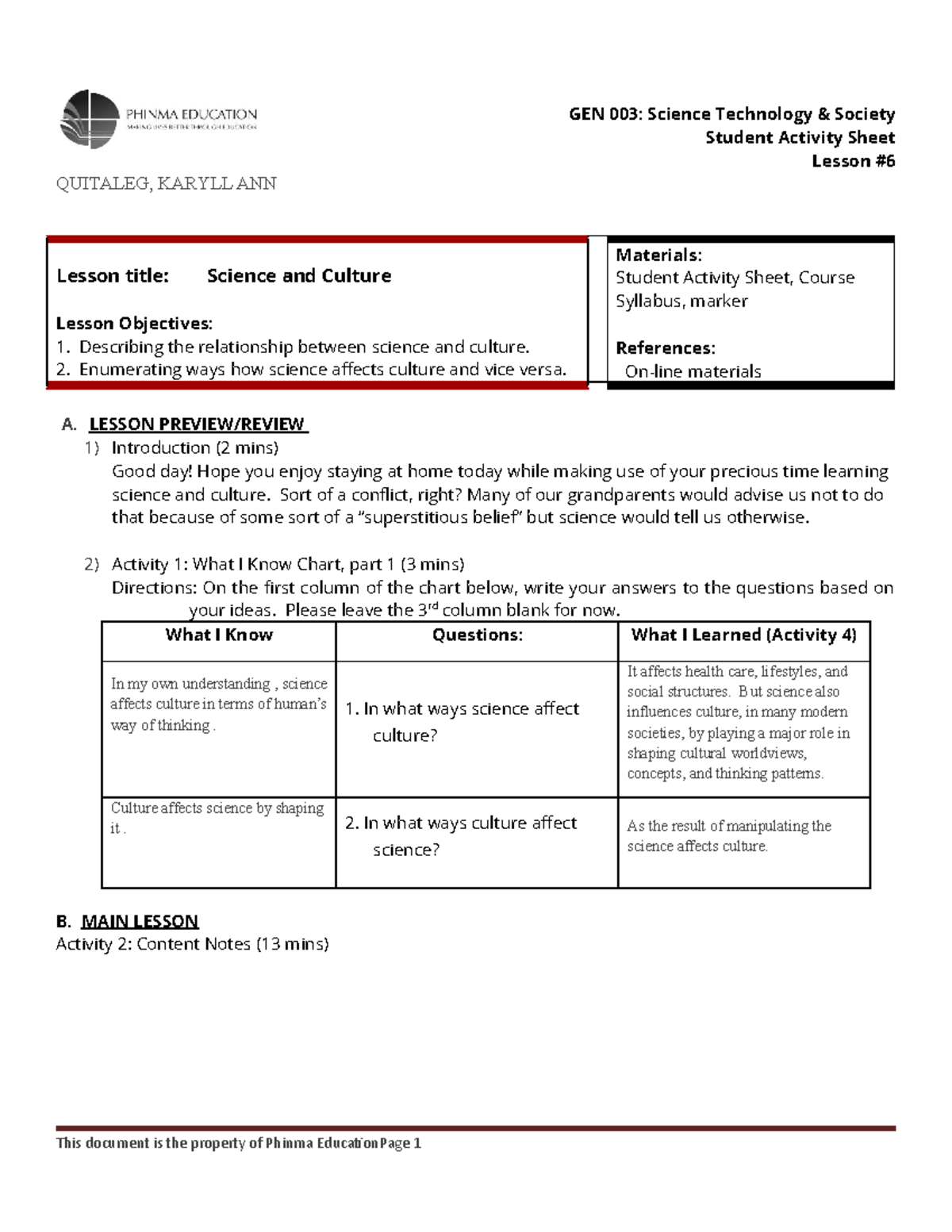 Module 6 Lesson title: Science and Culture - Student Activity Sheet ...