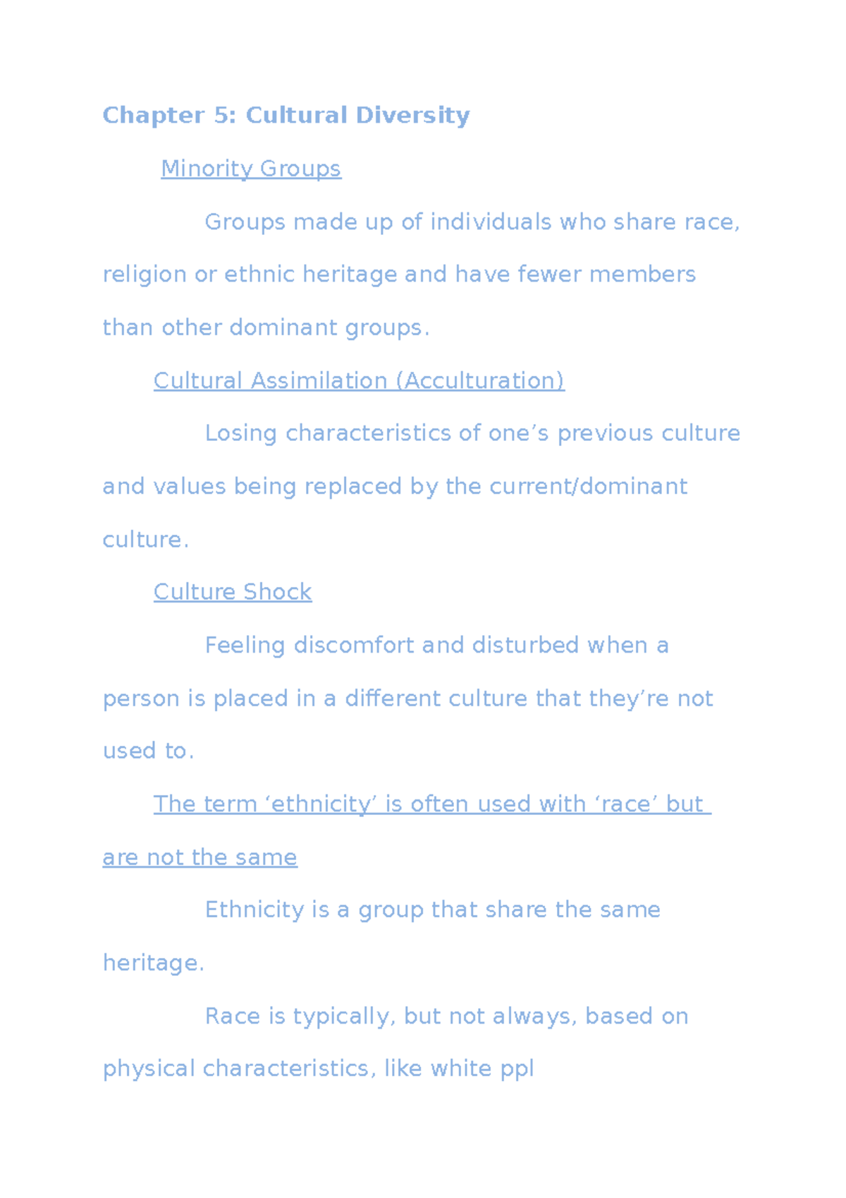 Basics exam 1 review - Chapter 5: Cultural Diversity Minority Groups ...