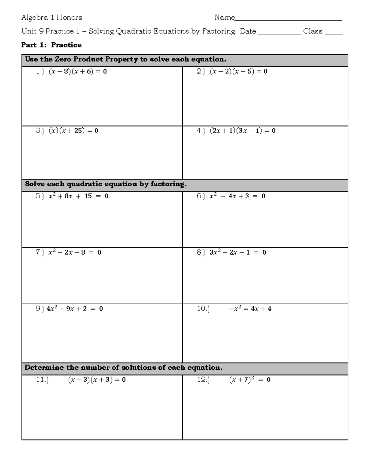 U9P1 Solving Quadratic Equations by Factoring - 1.) (𝑥 − 8 )(𝑥 + 6 ...