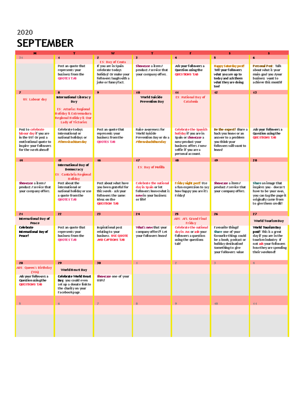 Free Social Media Content Plan September 2020 - 2020 SEPTEMBER M T W T ...