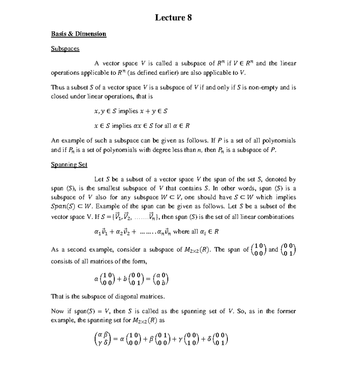 Lec8 - Lecture notes 8 - – Lecture 8 Basis & Dimension Subspaces A ...