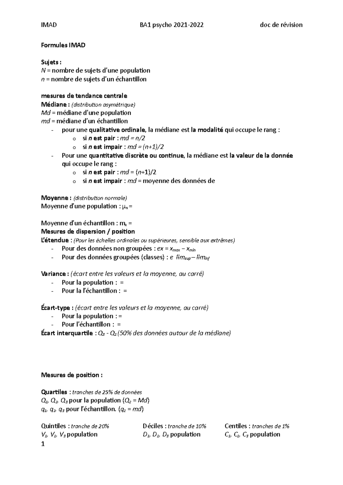 résumés des formules vues et utilisées en IMAD - Formules IMAD Sujets ...