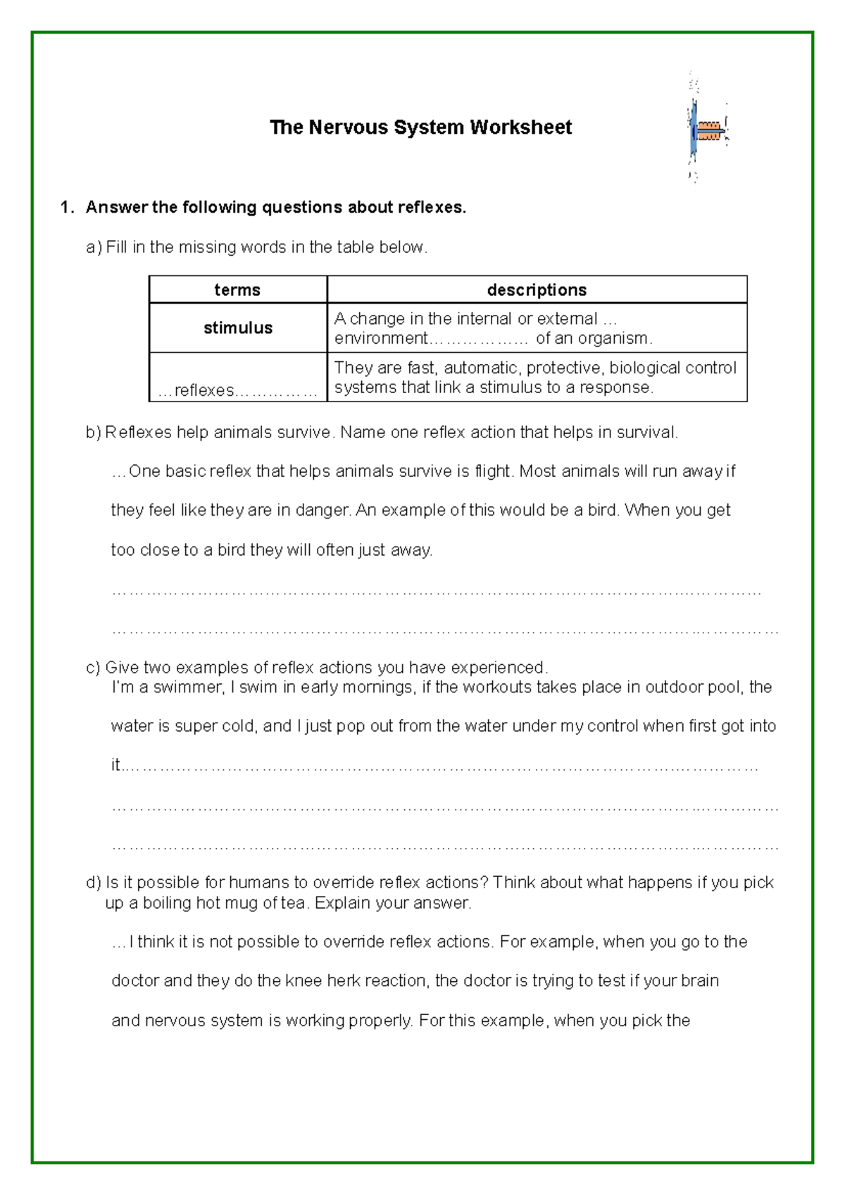 Assessment As Learning,Activity number 2 - The Nervous System Worksheet ...