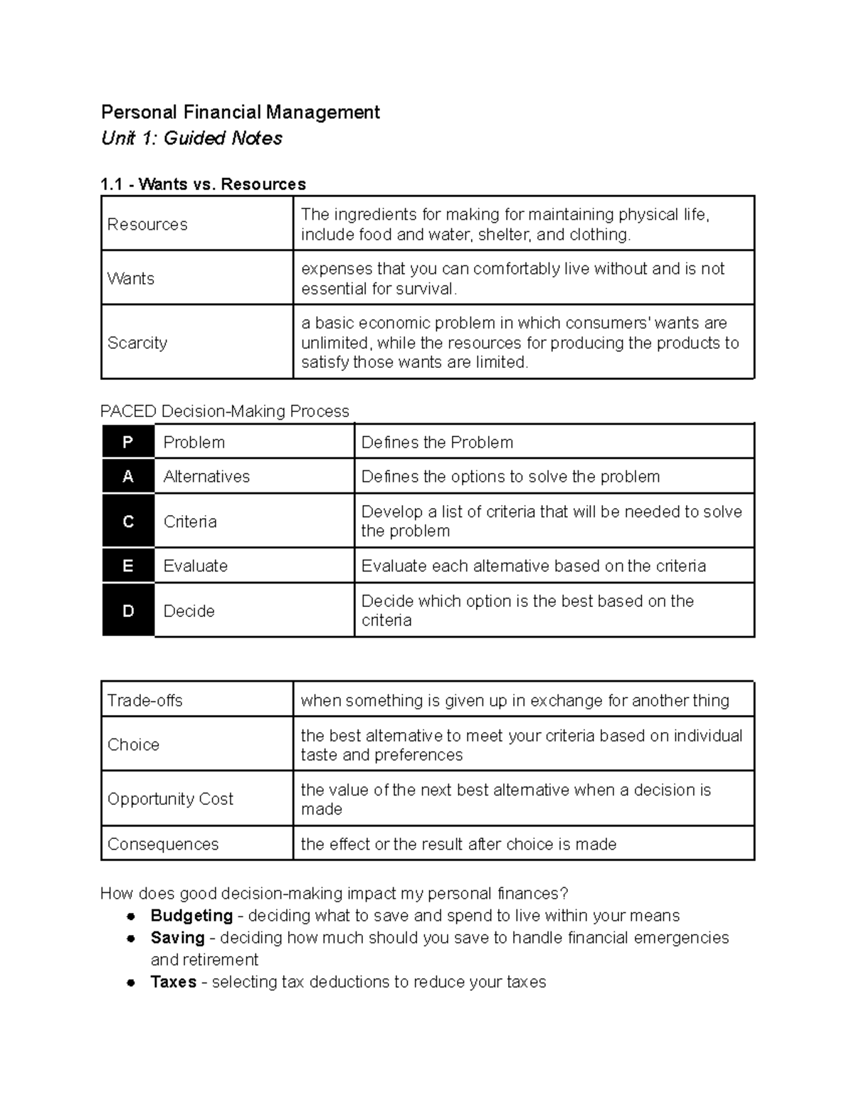 Unit 1 Guided Notes Personal Finance Management - Personal Financial ...
