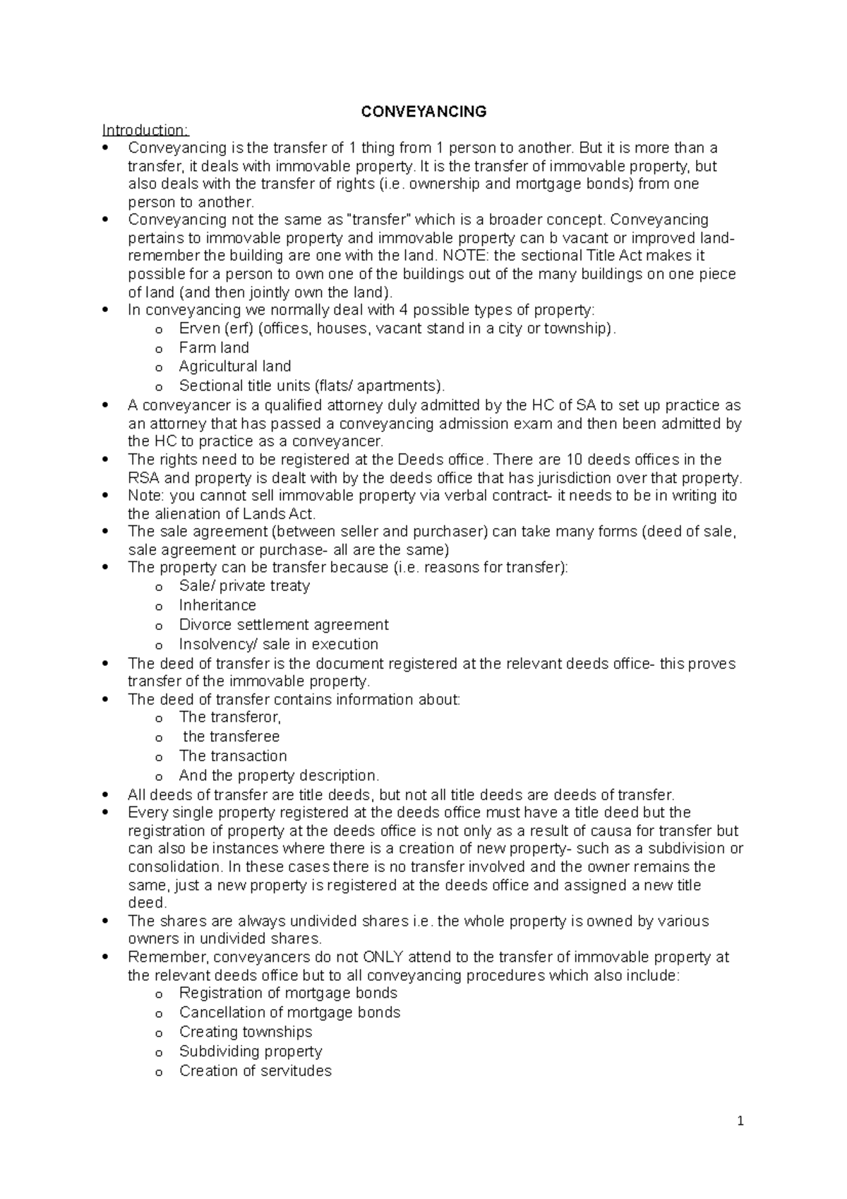 Conveyancing study notes - CONVEYANCING Introduction: Conveyancing is ...