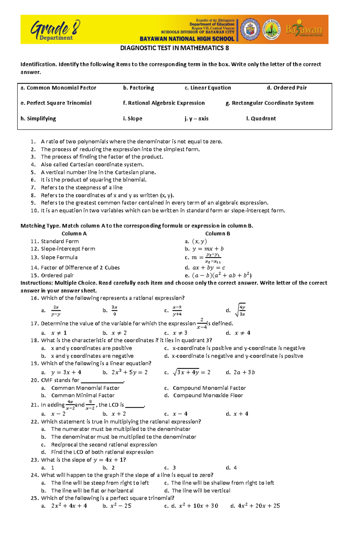 Diagnostic TEST IN MATH 8 - DIAGNOSTIC TEST IN MATHEMATICS 8 ...