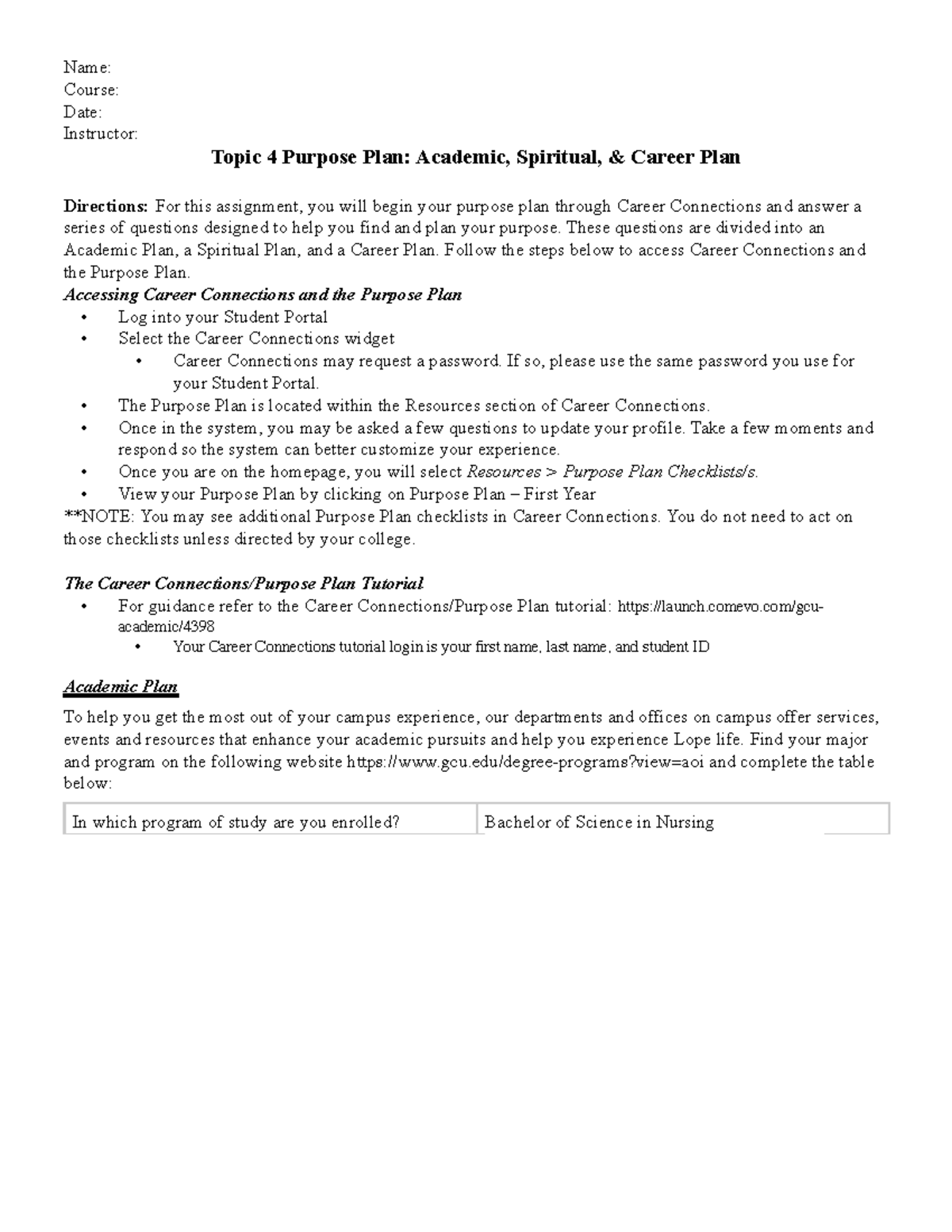 Purpose planning - plan your school year - Name: Course: Date ...