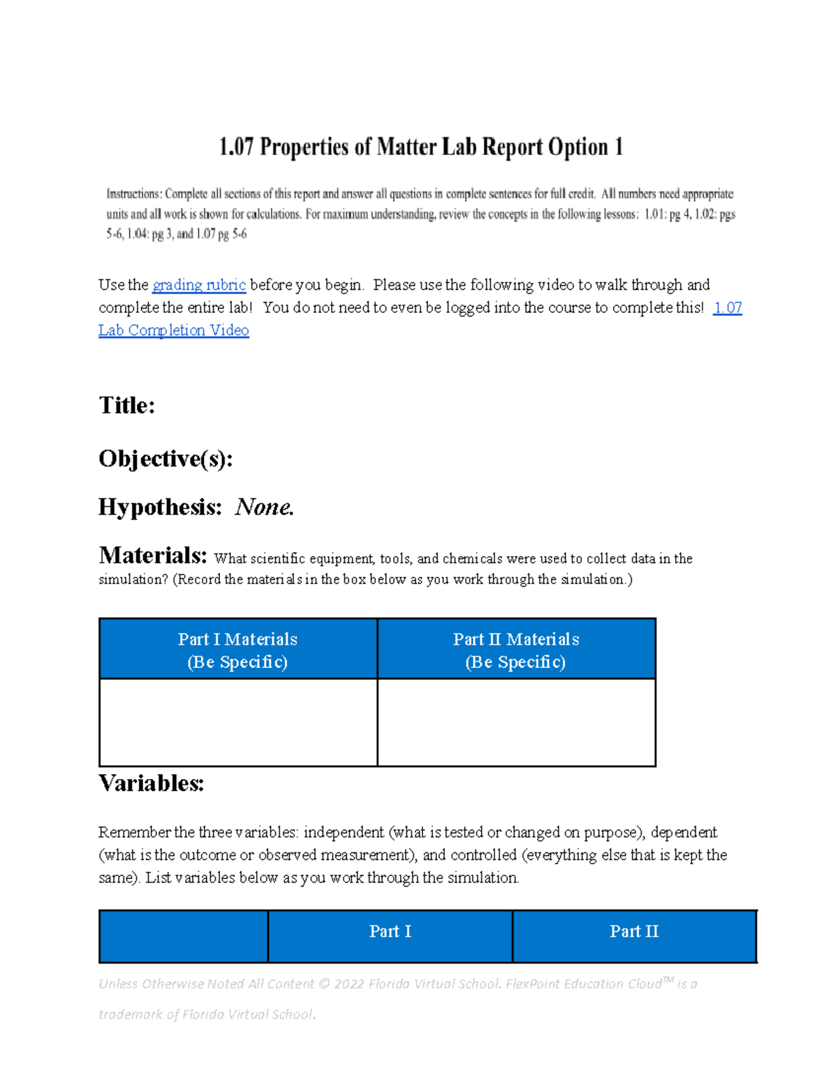 Copy of 1.07 Properties of Matter Option 1 - Use the grading rubric ...