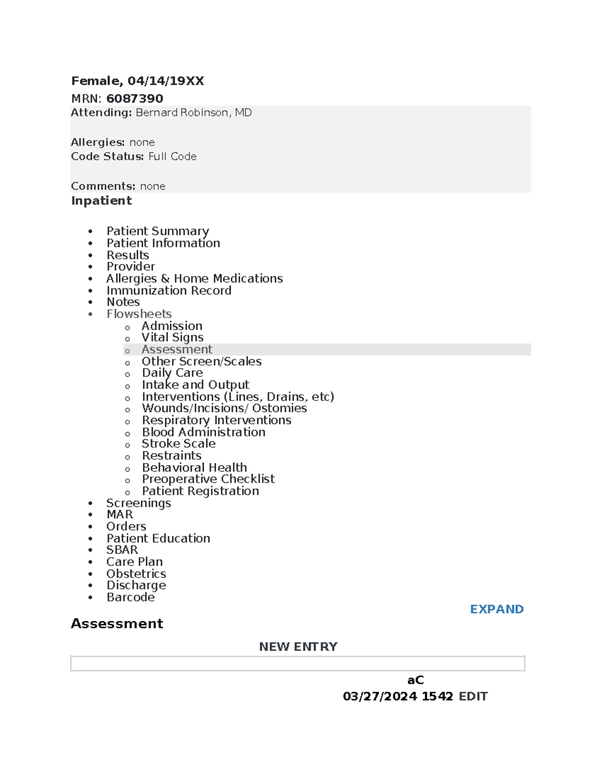 Mobility Assessment for PVN 120 - Female, 04/14/19XX MRN: 6087390 ...