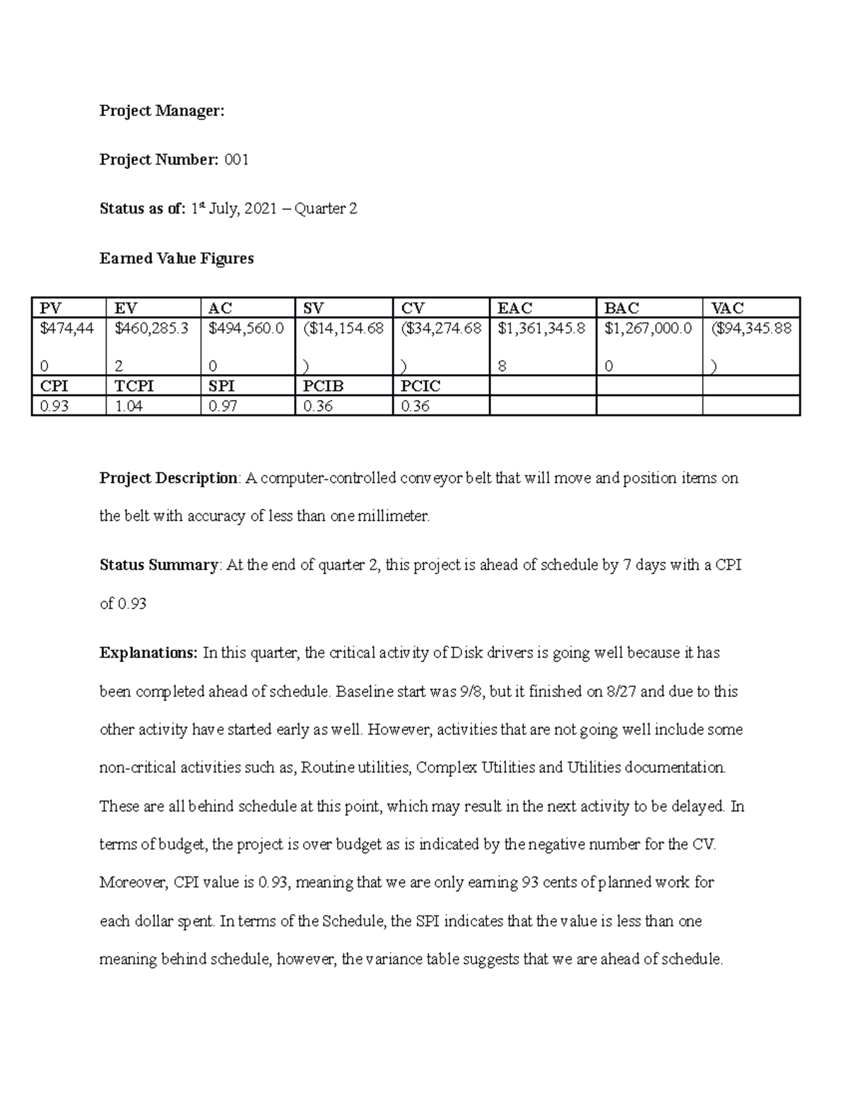 Conveyer 3-Q2 MEMO - Project Manager: Project Number: 001 Status as of ...