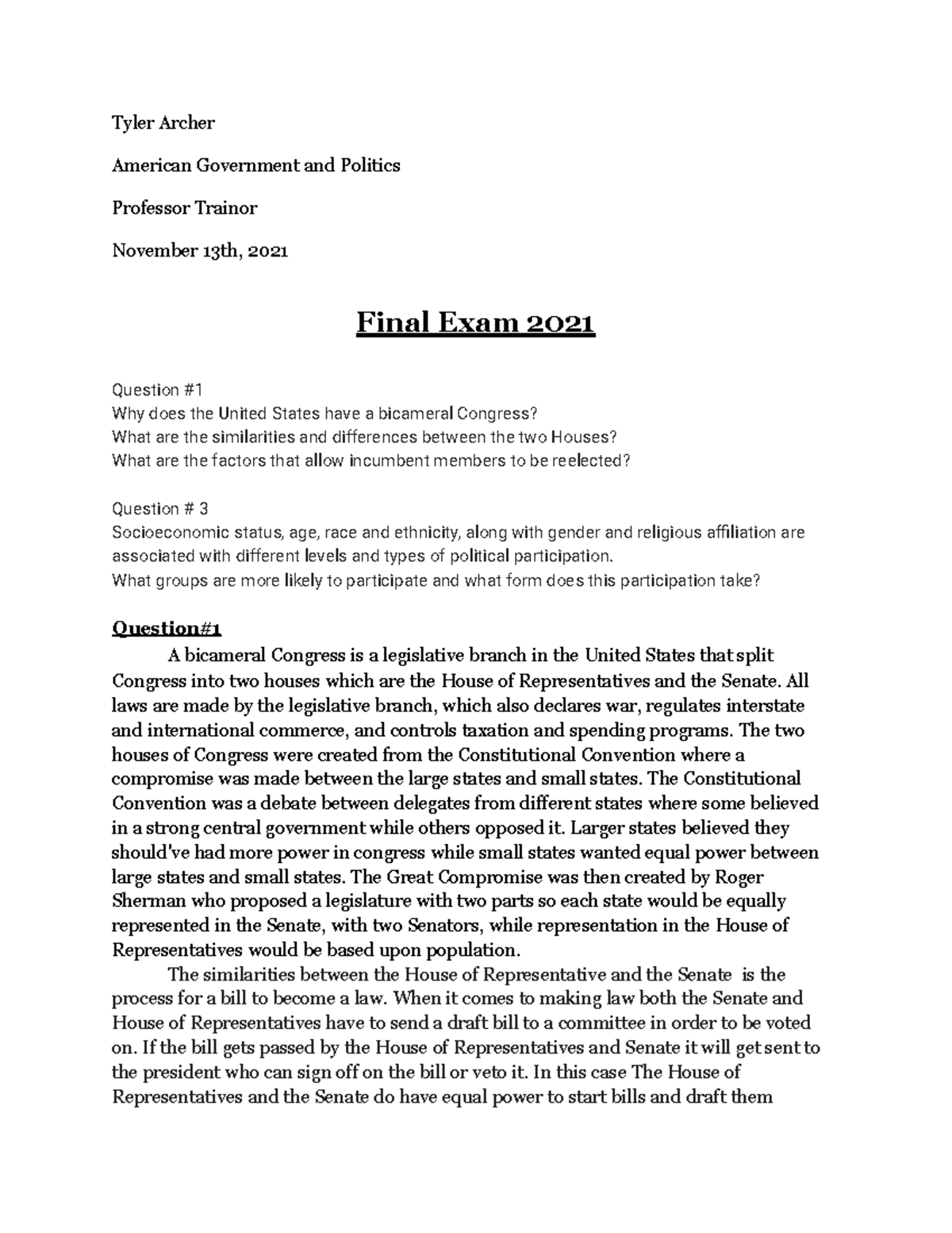 Final Exam - Tyler Archer American Government and Politics Professor ...