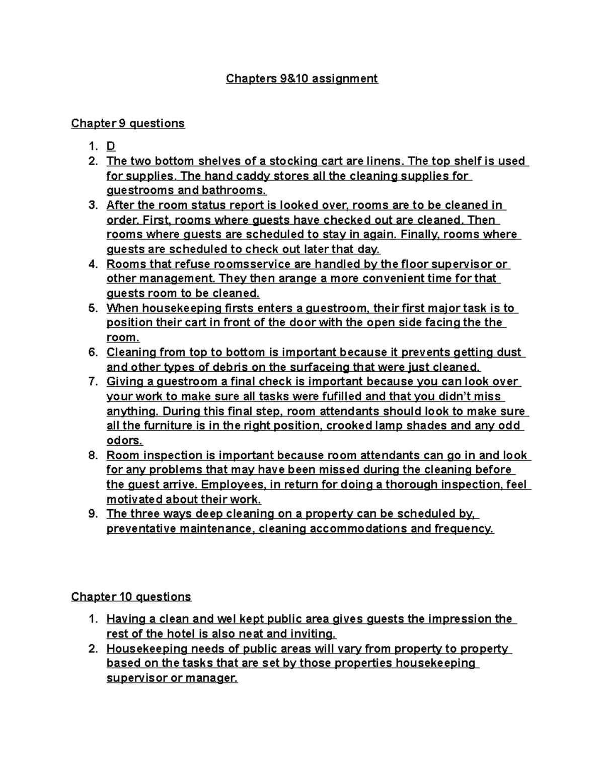 Ha-250 - Questions from chapters 9 and 10 of the Managing Housekeeping ...