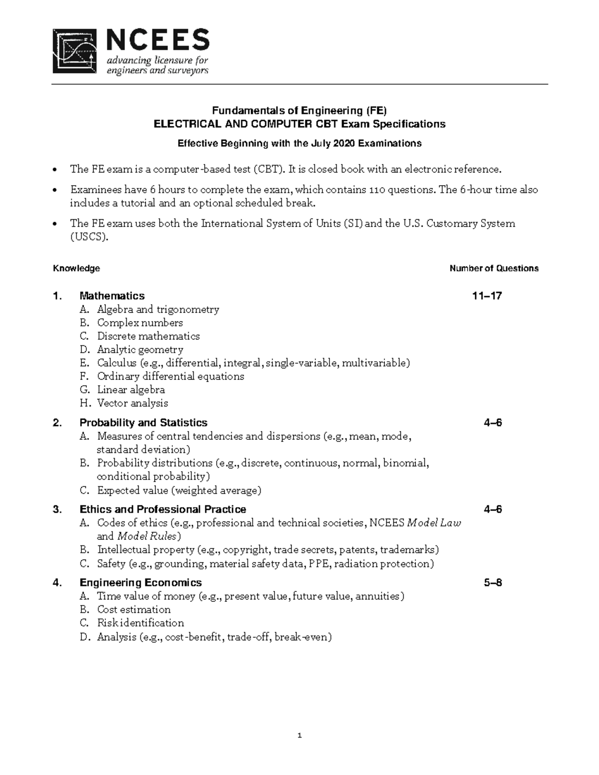 FE Electrical and Computer CBT specs - 1 Fundamentals of Engineering (FE) ELECTRICAL AND ...
