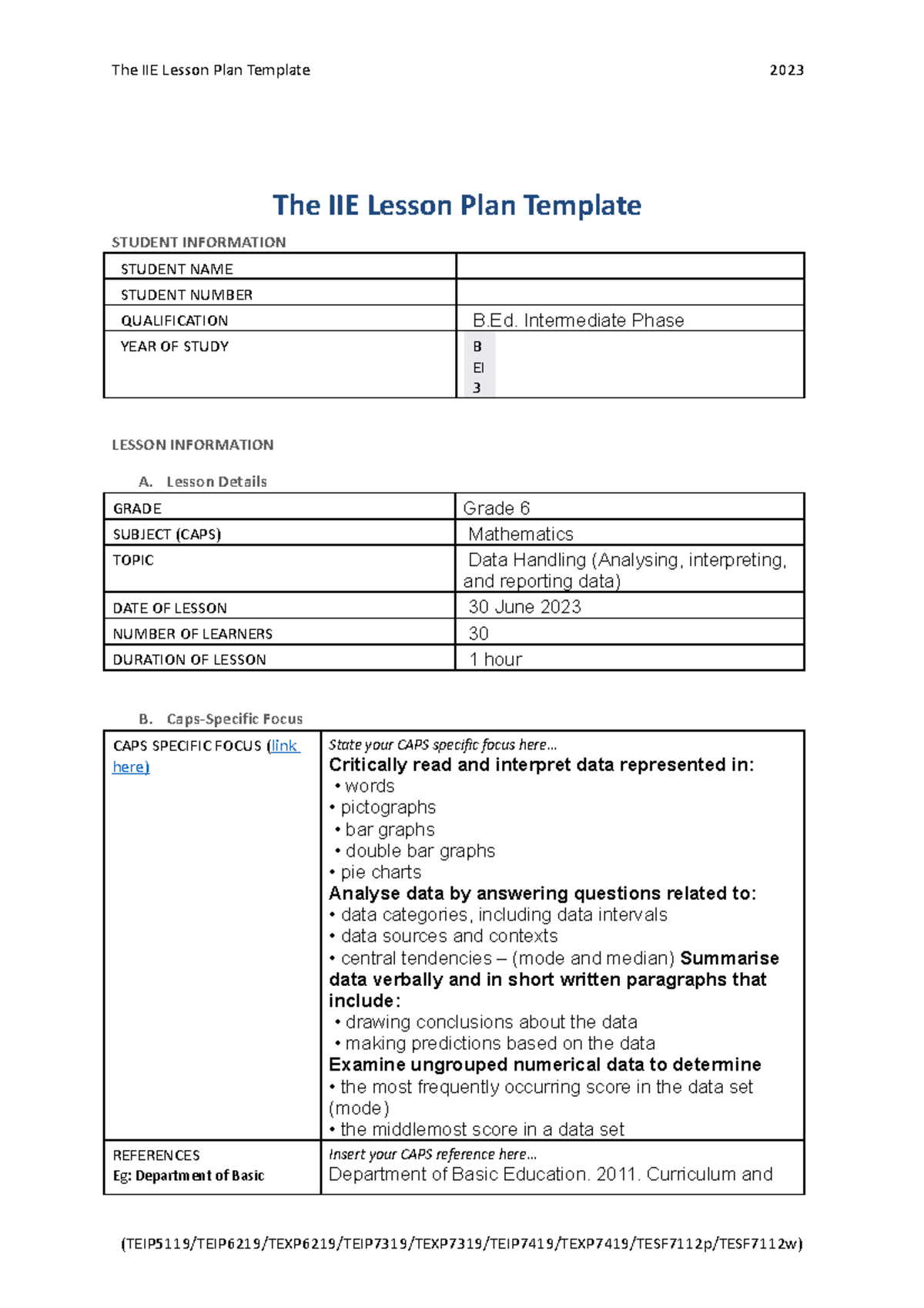 TIMA6311 POE - The IIE Lesson Plan Template STUDENT INFORMATION STUDENT ...