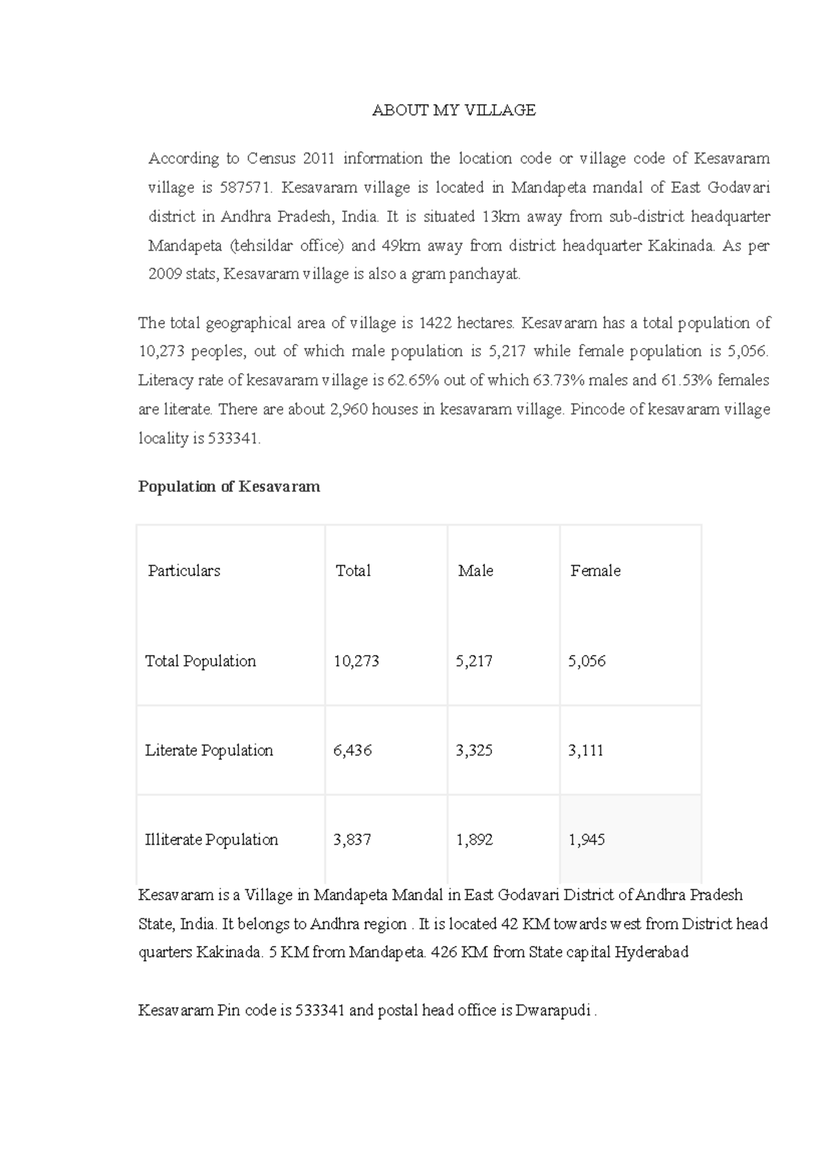 About my village - ABOUT MY VILLAGE According to Census 2011 ...