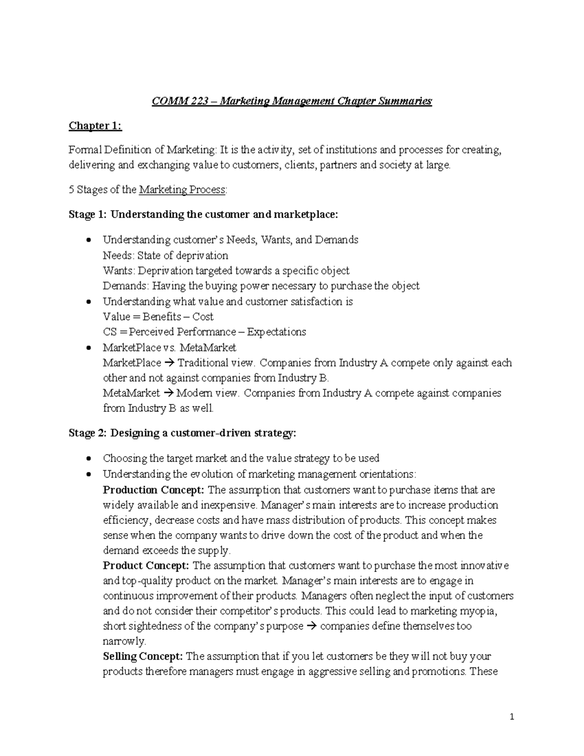 Chapter Summaries - c c c cf f f dfvd - COMM 223 3 Marketing Management ...