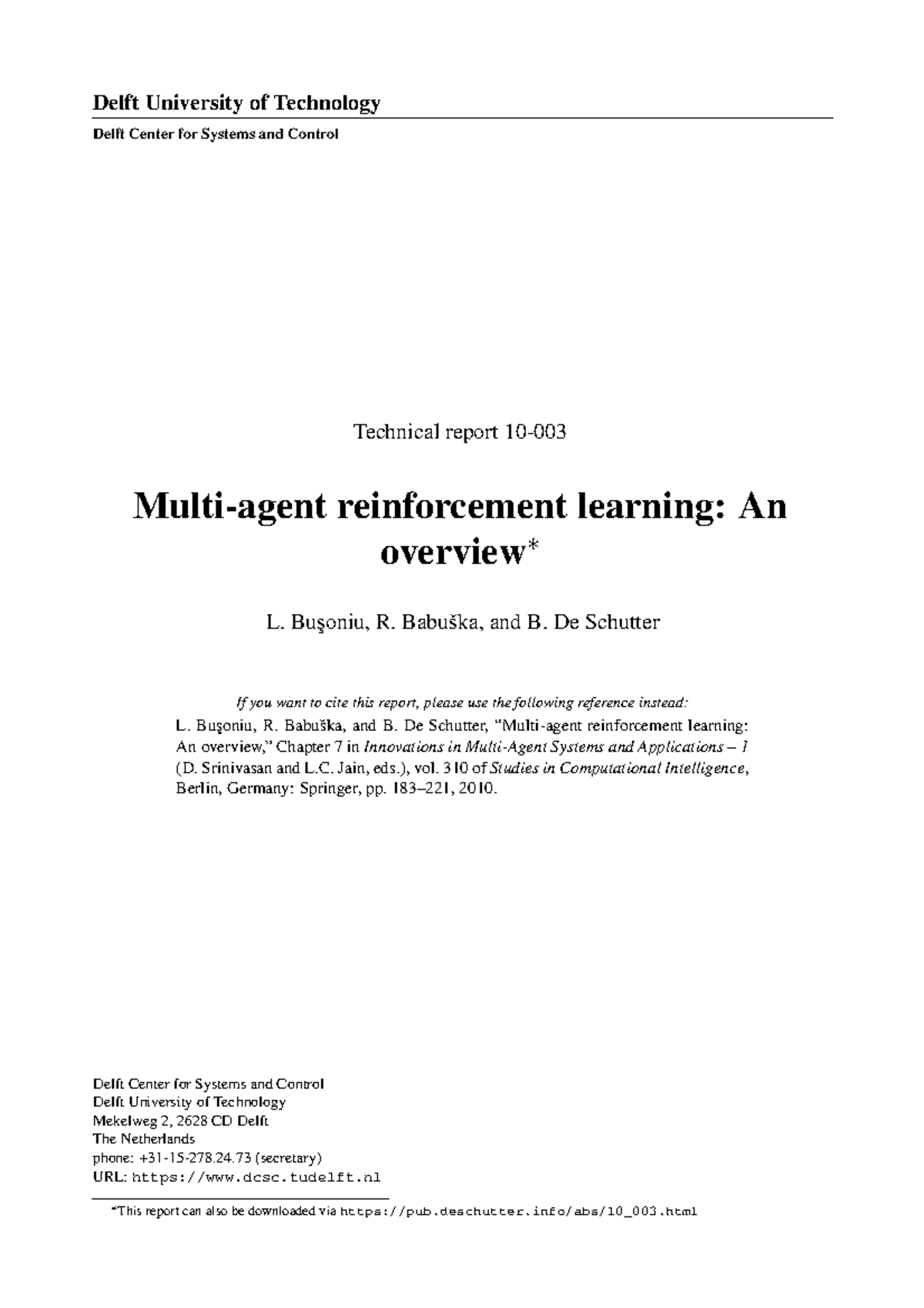 Multi-agent reinforcement learning An overview - Planificación ...