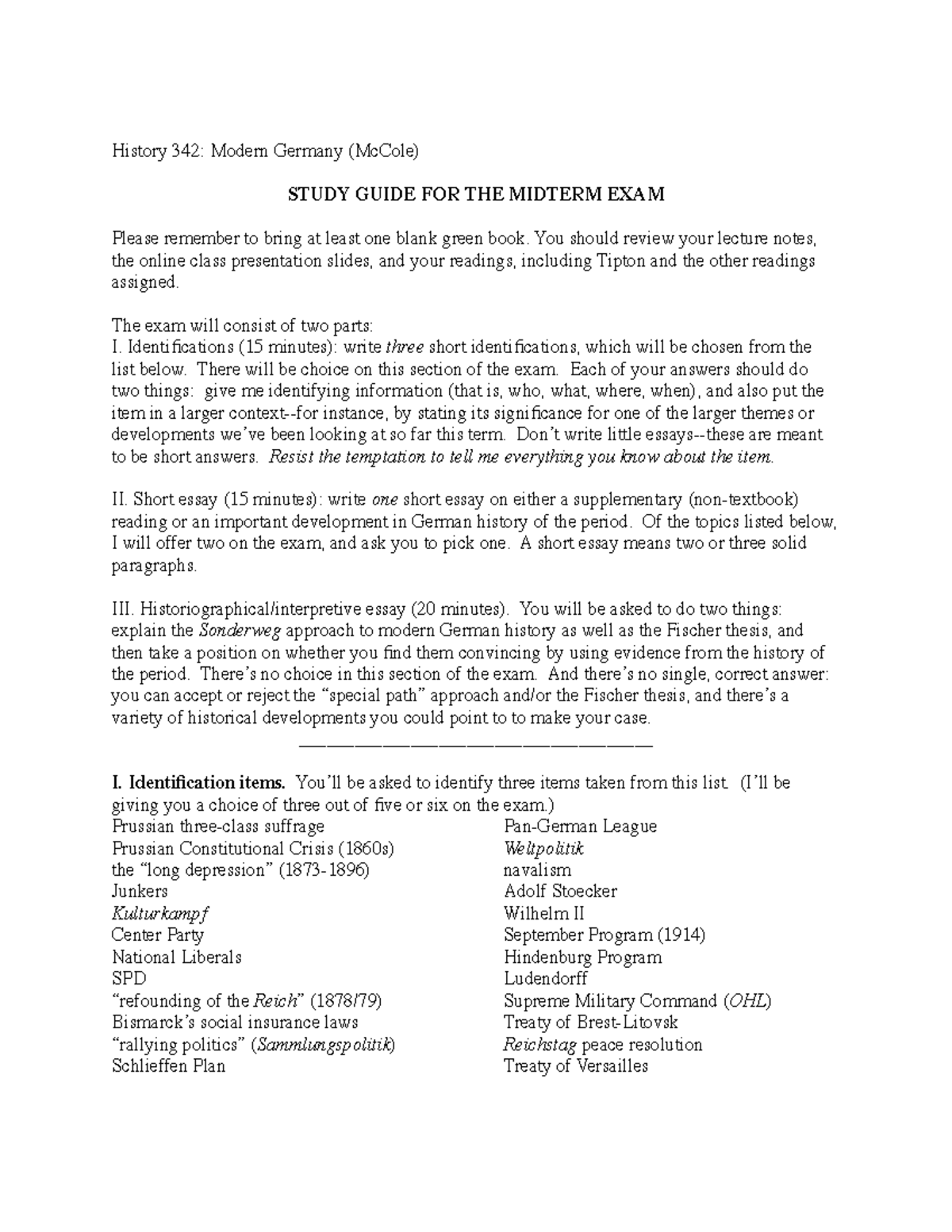 Midterm study guide 2016 copy - History 342: Modern Germany (McCole) STUDY GUIDE FOR THE MIDTERM ...