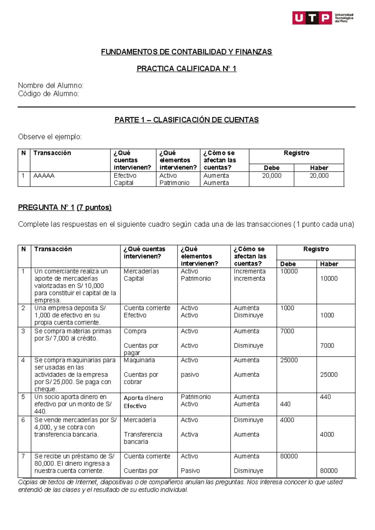 PC1 fdcf - FUNDAMENTOS DE CONTABILIDAD Y FINANZAS PRACTICA CALIFICADA N ...