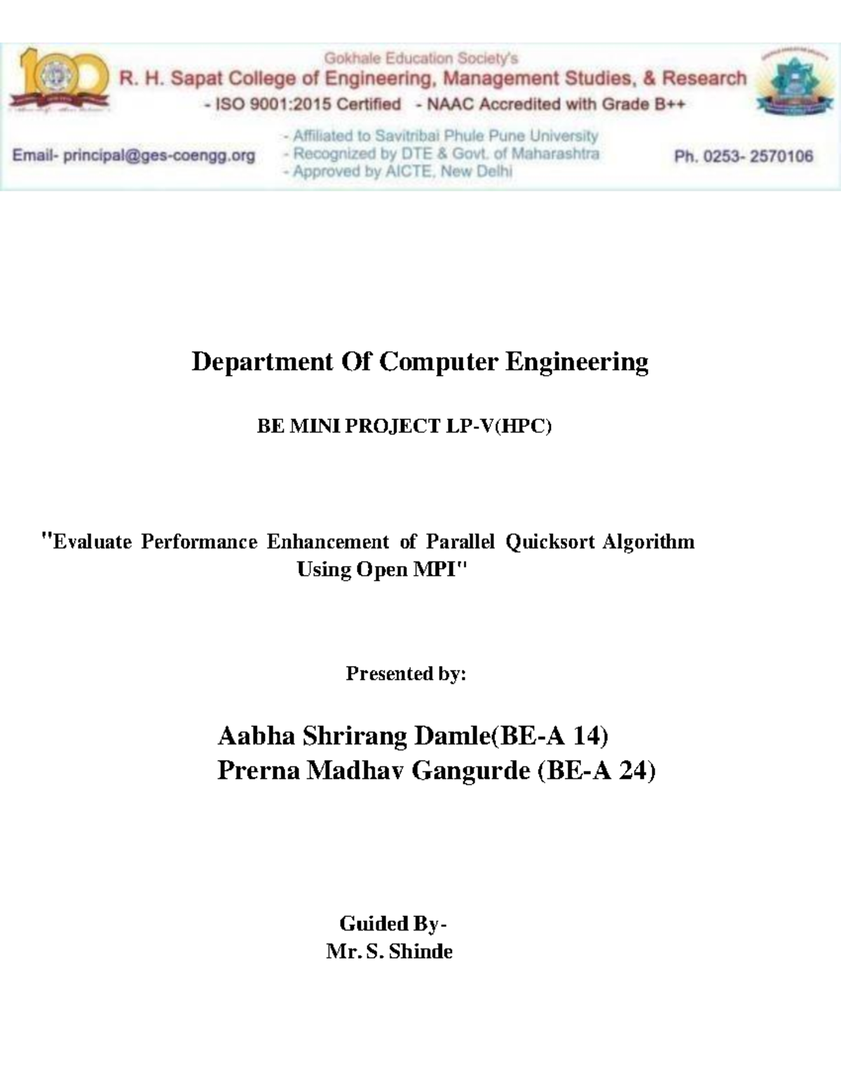 Hpc miniproject report - Department Of Computer Engineering BE MINI PROJECT LP-V(HPC) "Evaluate ...
