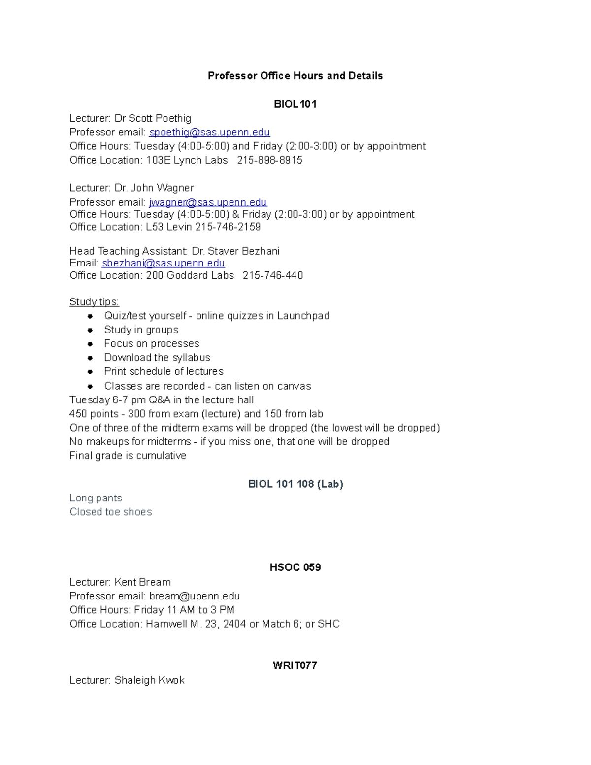 Professor Office Hours and Details - Professor Office Hours and Details ...