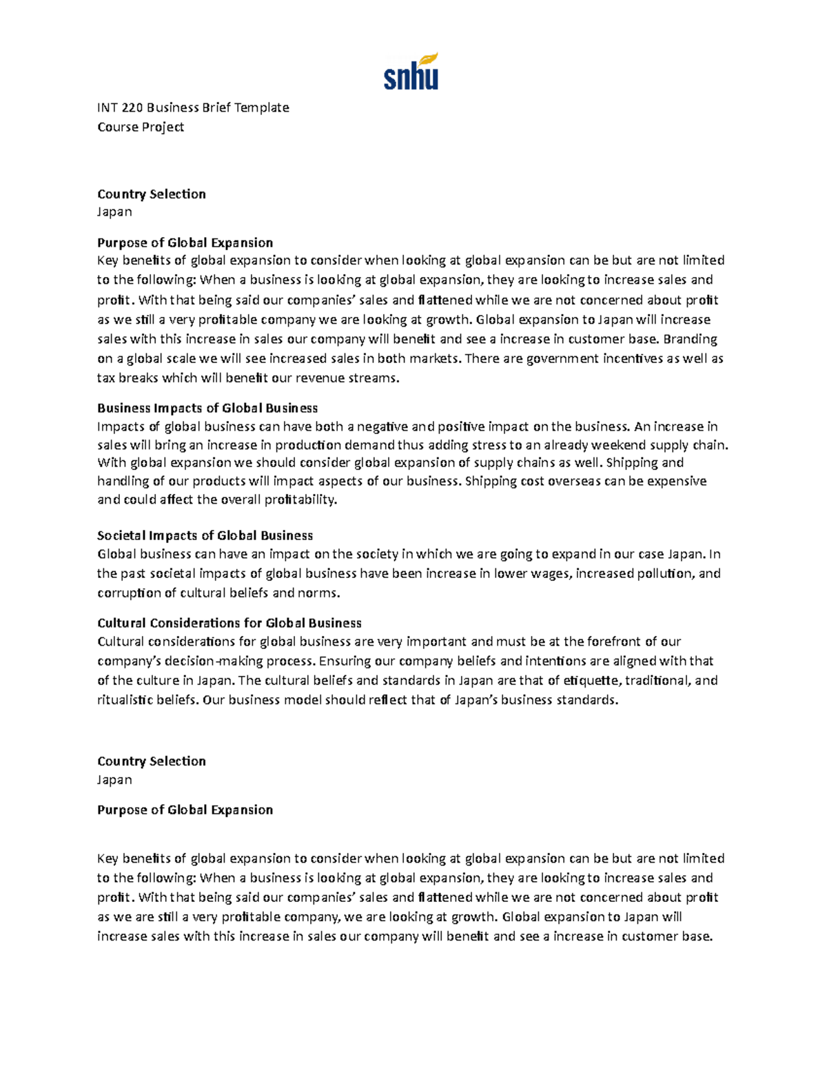 INT 220 Business Brief final submission - INT 220 Business Brief ...