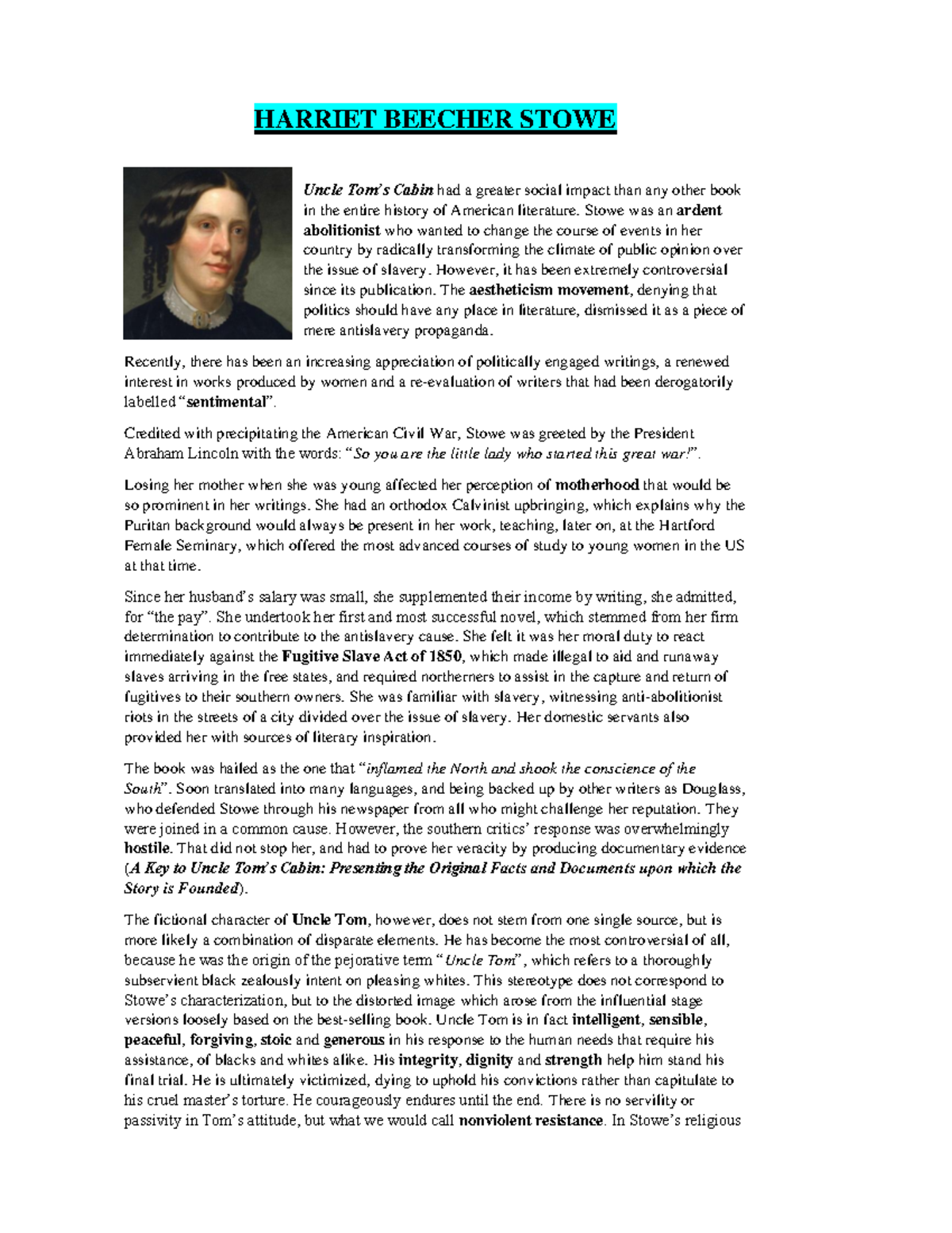 Harriet Beecher Stowe - Summary and exploratory questions related to ...