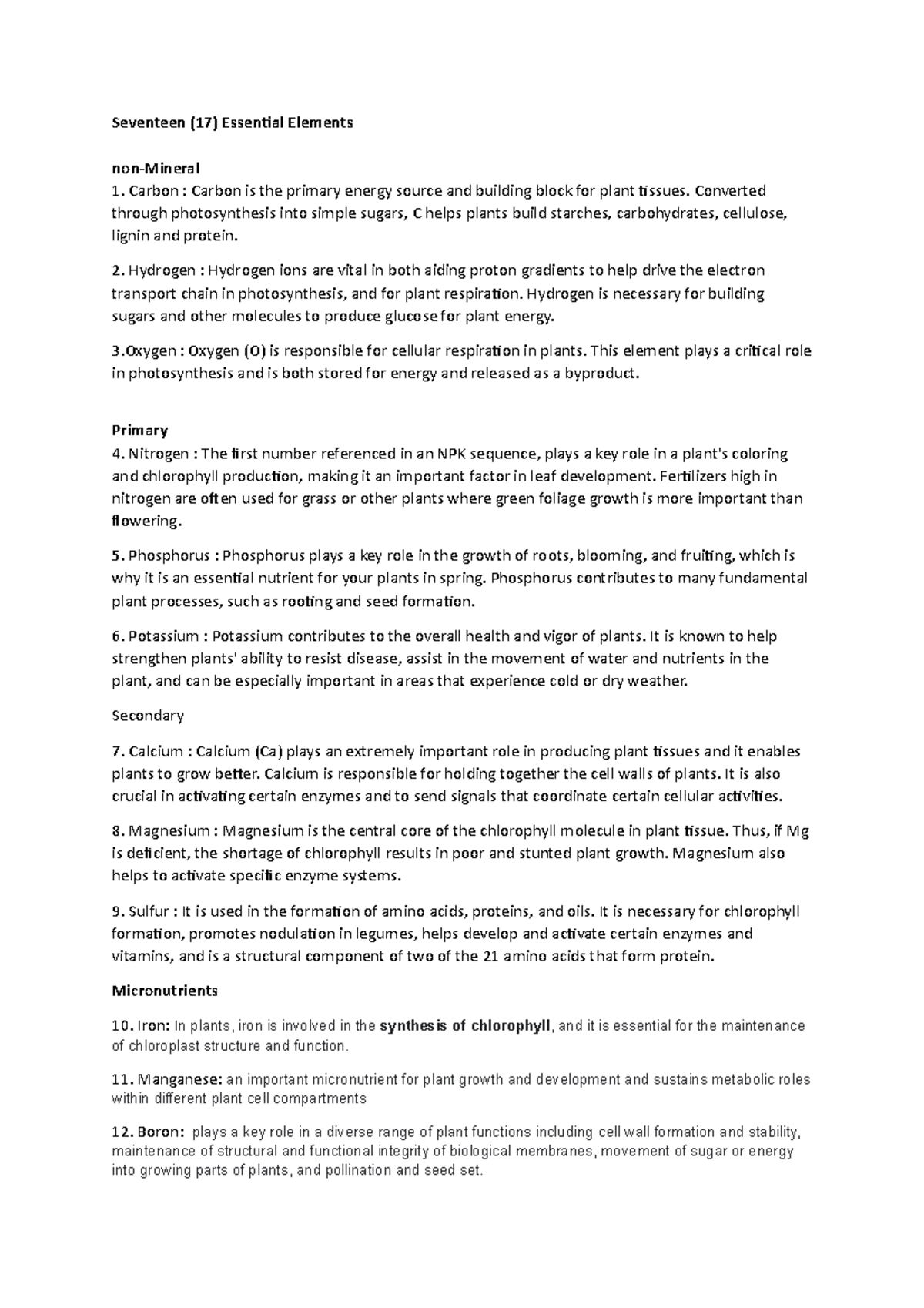 Seventeen (17) element - Seventeen (17) Essential Elements non-Mineral ...