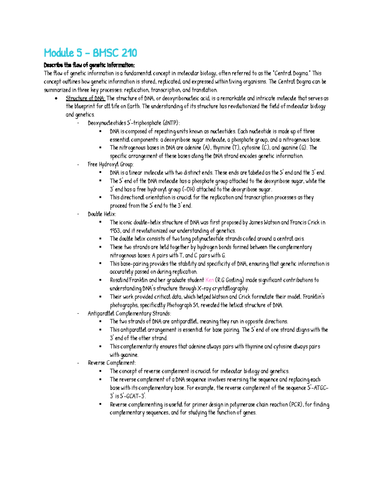 Module 5-BMSC 210 - Module 5 – BMSC 210 Describe the flow of genetic ...
